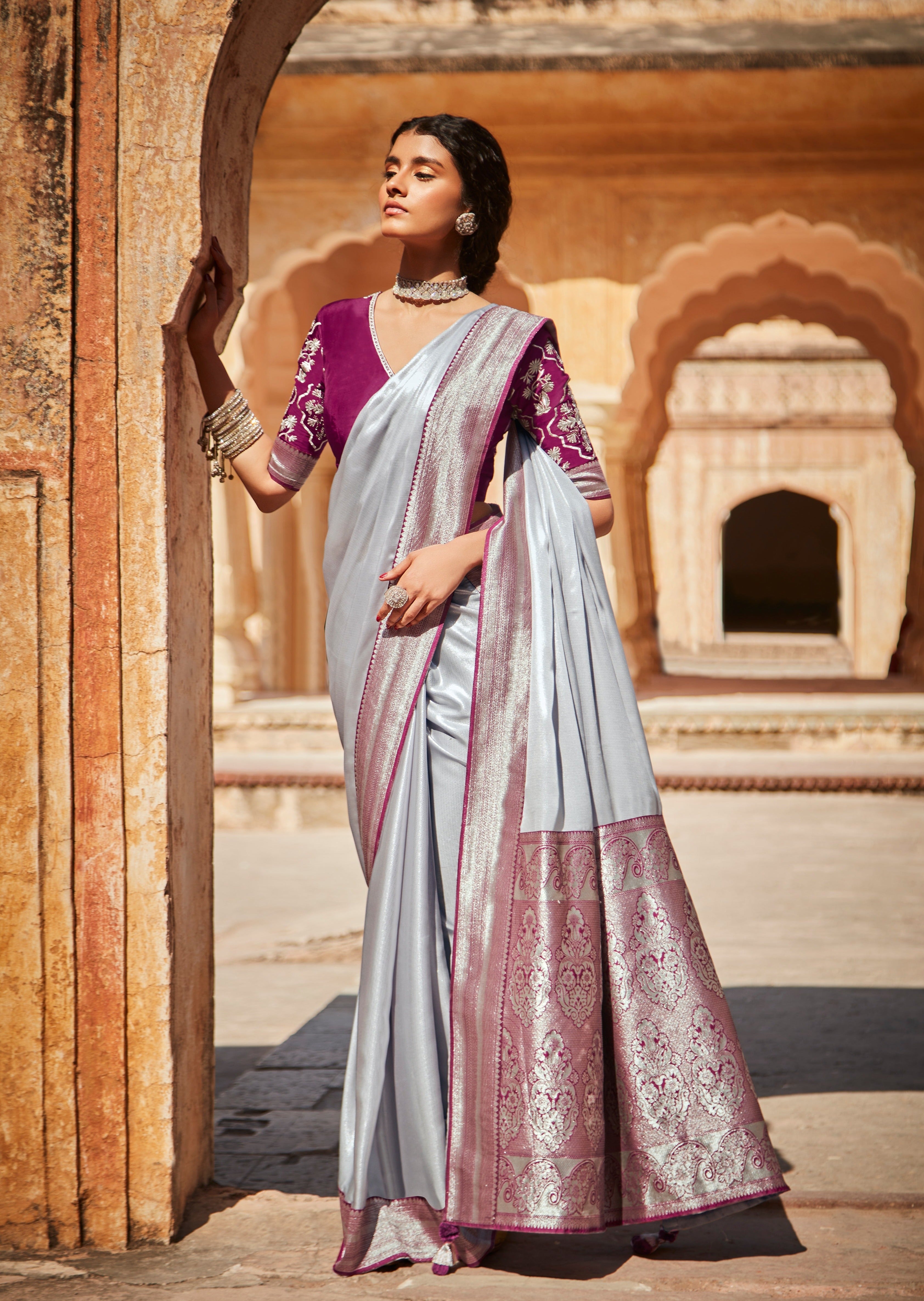 Grey Sheen Organza Saree – Sunasa