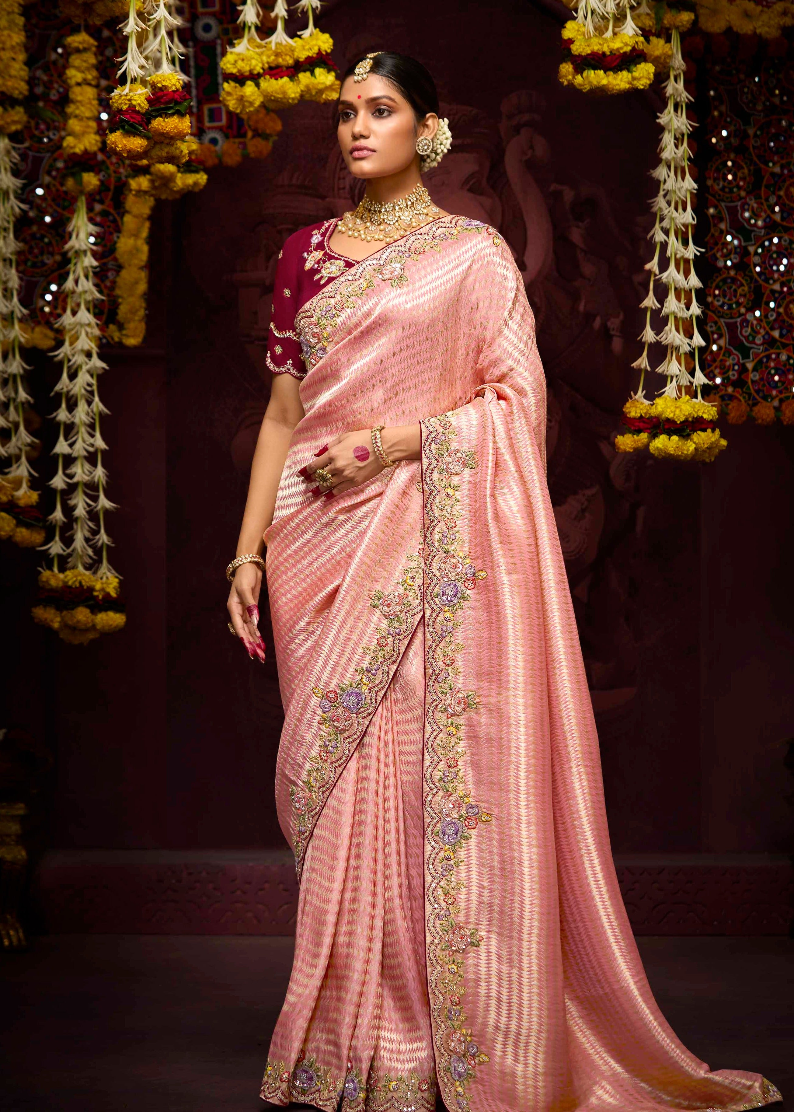 Shop Banarasi Silk Peach Handwork Embroidery Saree Red Blouse Online ...