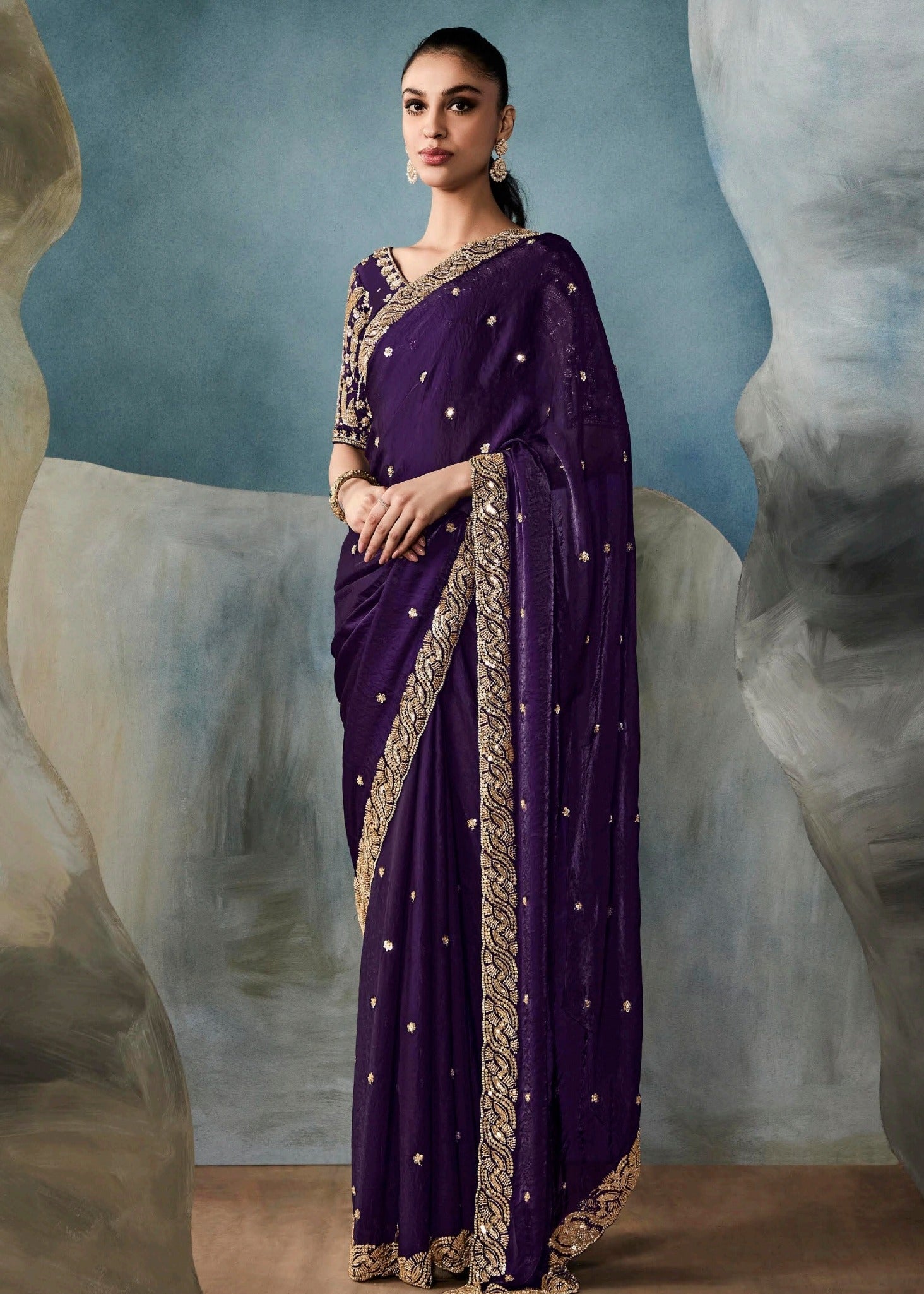 Violet Purple Designer Tissue Saree With Sequin & Bead Work Embroidery ...