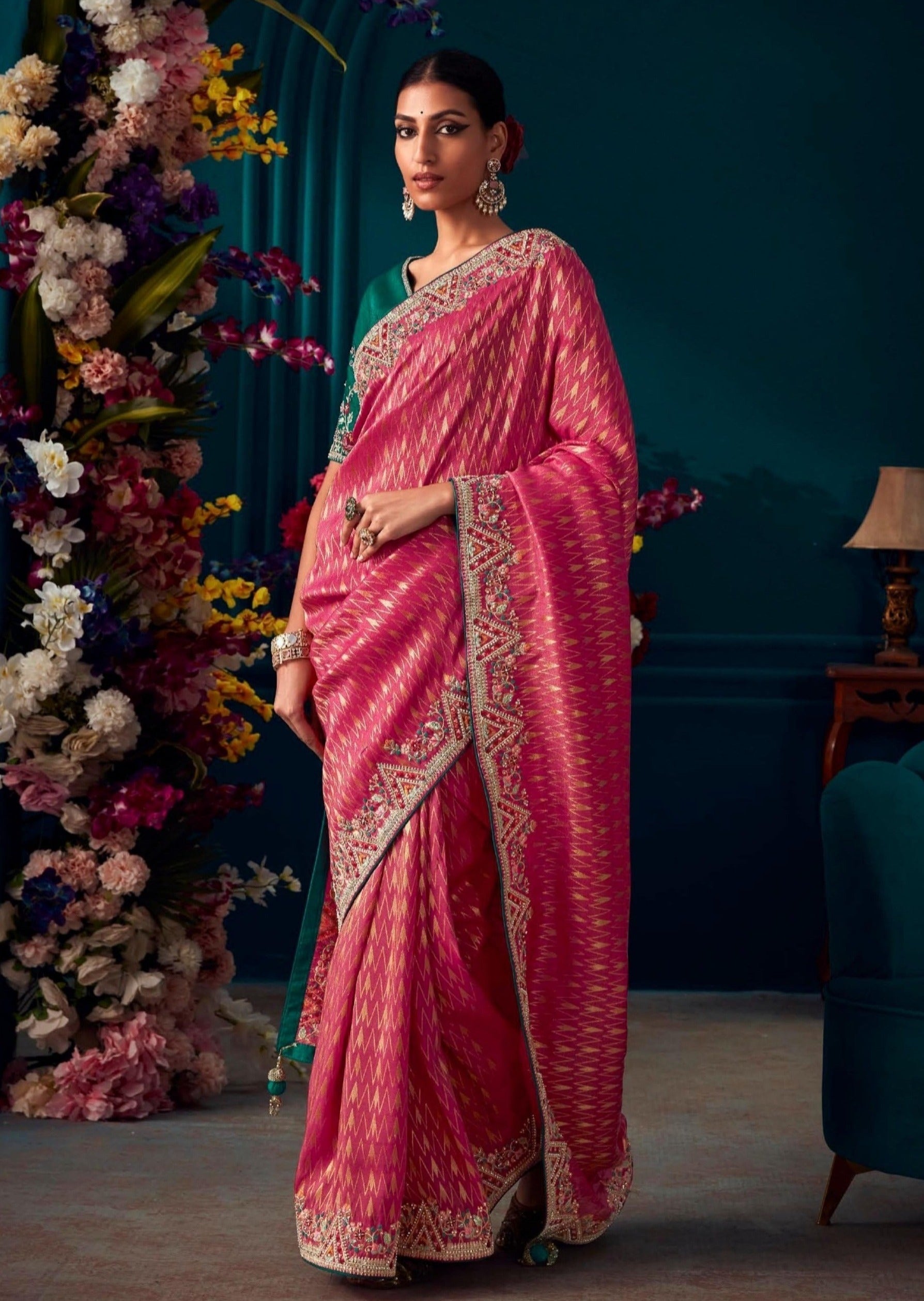 Shop Handwork Embroidery Banarasi Silk Red Bridal Saree Online – Sunasa