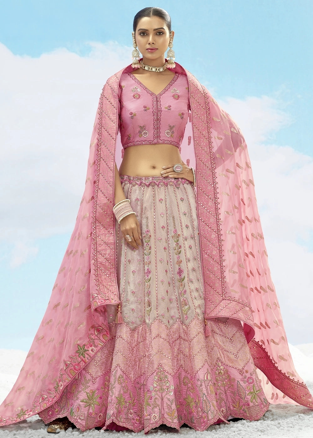 Light Pink and Cream Banarasi Silk Bridal Lehenga Choli USA Online – Sunasa