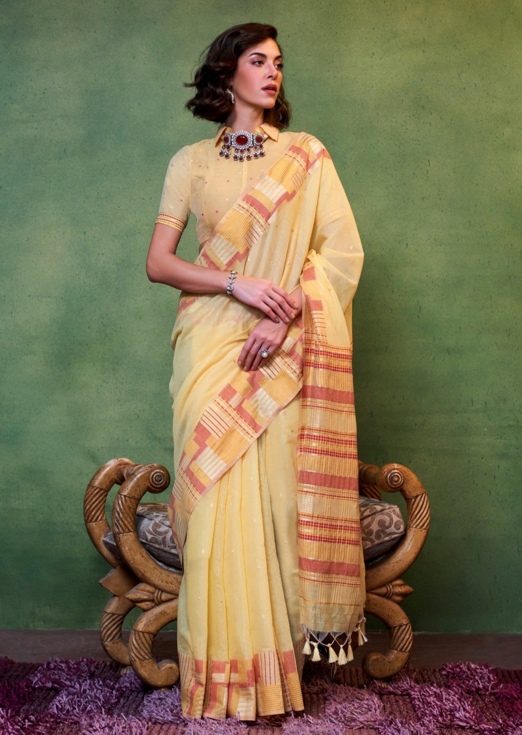 Shop Pure Handloom Cotton Silk Yellow Saree in New York USA Online – Sunasa