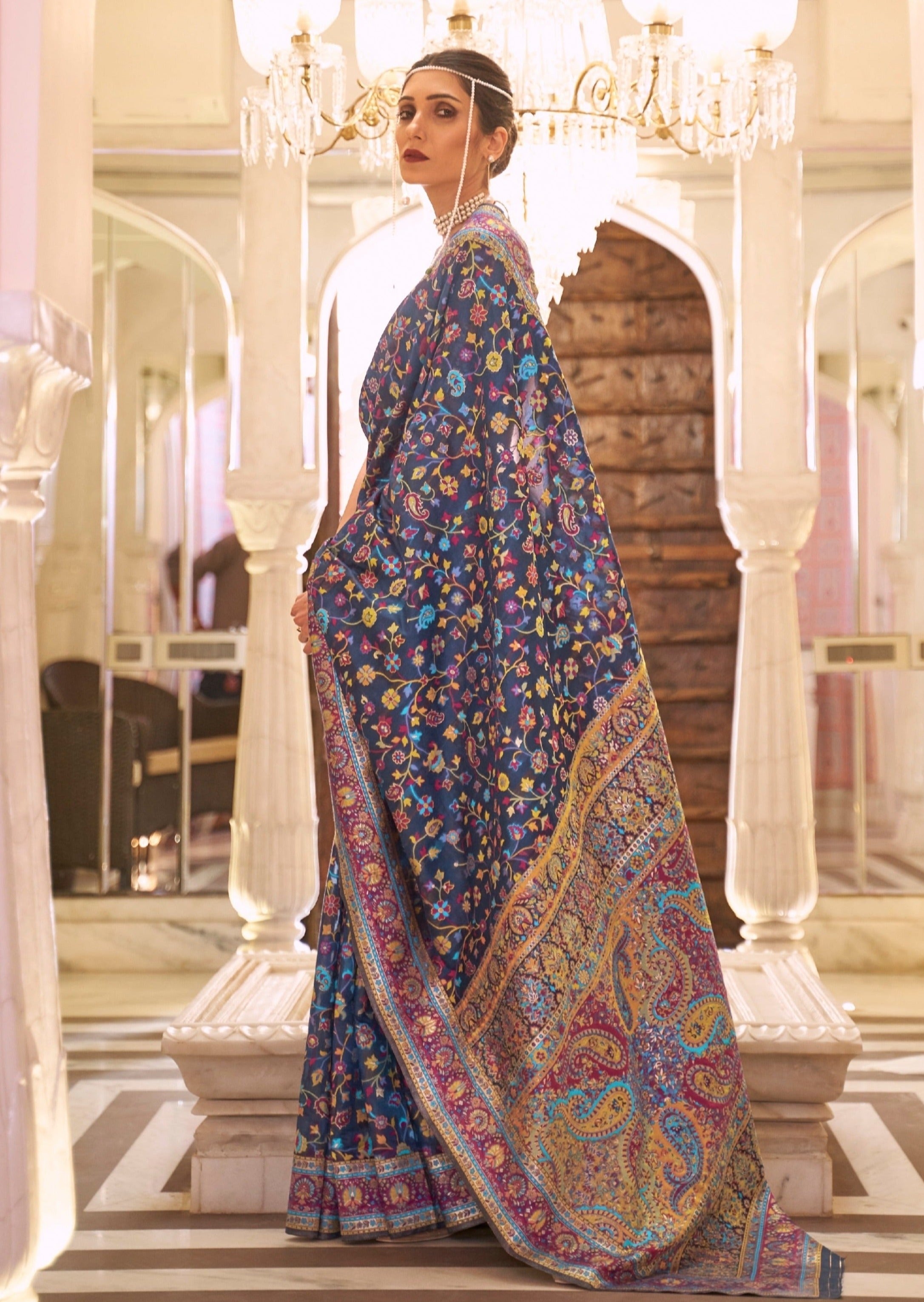 Buy Kashmiri Jamawar Silk Blue Pure Pashmina Saree Online India – Sunasa