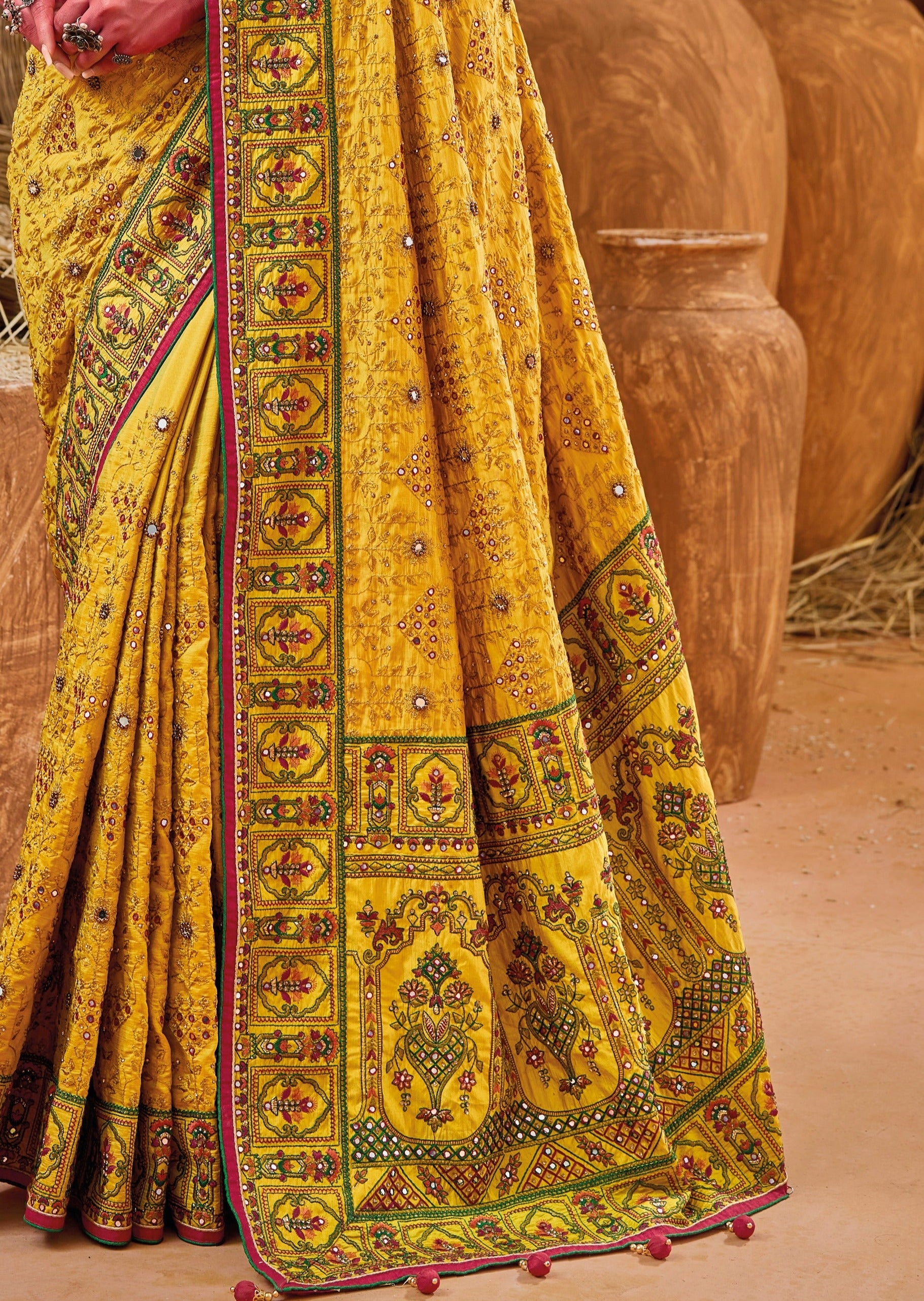 Kutch Mirror Work Embroidery Yellow Saree Online Shopping India USA ...