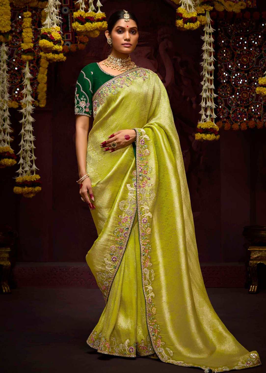 Shop Banarasi Silk Lime Green Handwork Bridal Saree Online For Bride ...