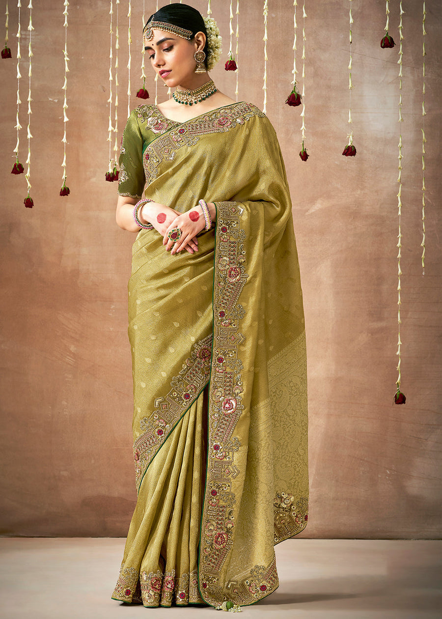 Shop Handloom Banarasi Tissue Silk Mehendi Green Saree USA Online – Sunasa