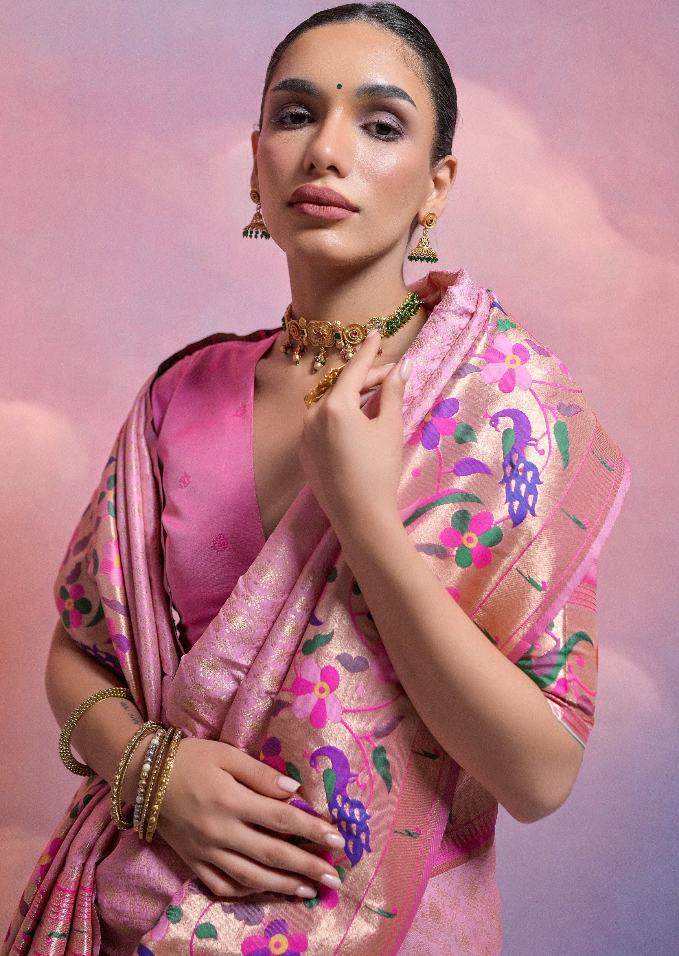 Shop Pure Paithani Silk Pastel Pink Handloom Saree With Muniya Border – Sunasa