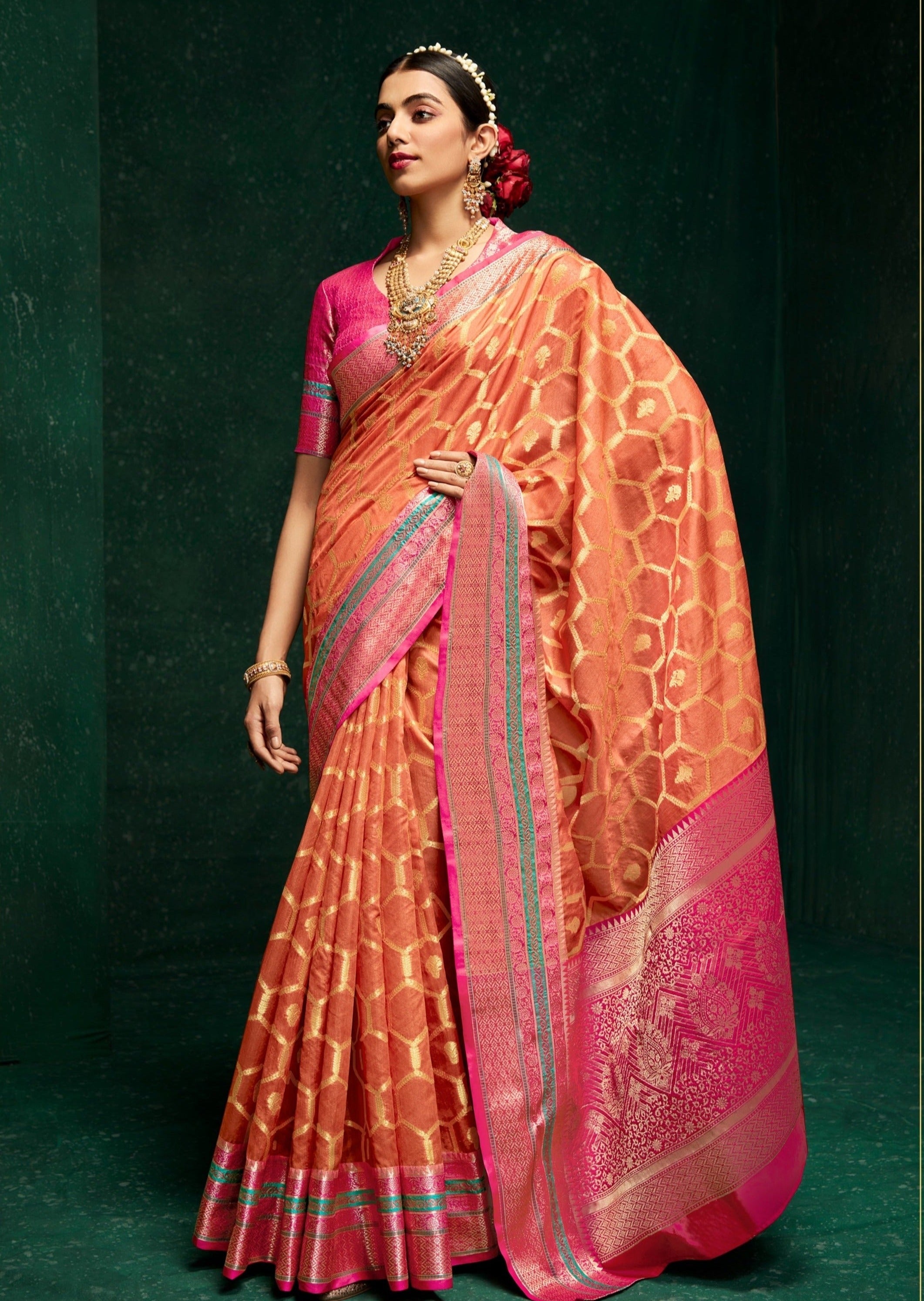 Peach Banarasi Cotton Silk Saree – Sunasa