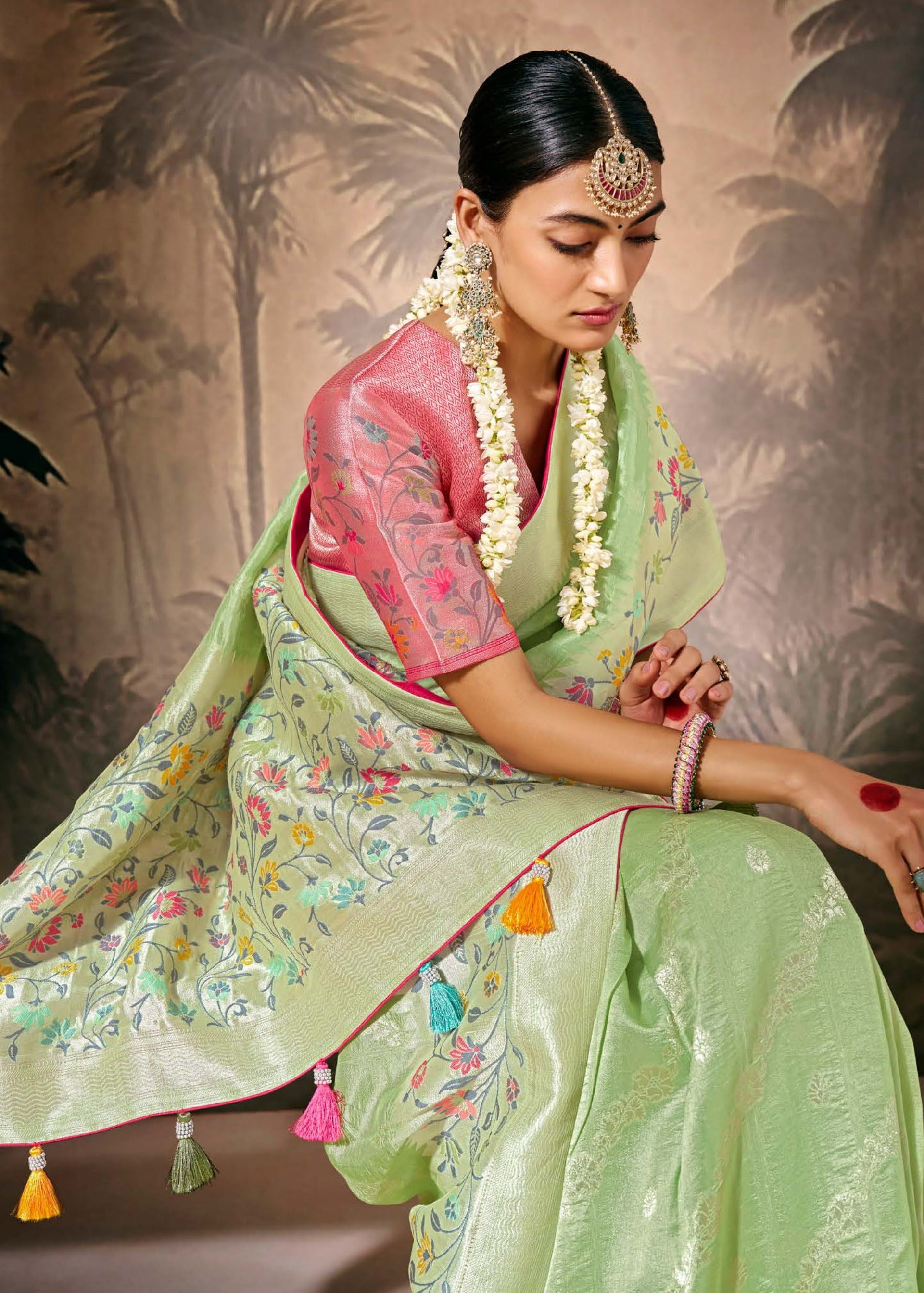 Shop Handloom Banarasi Silk Pista Green Saree & Contrast Pink Blouse ...