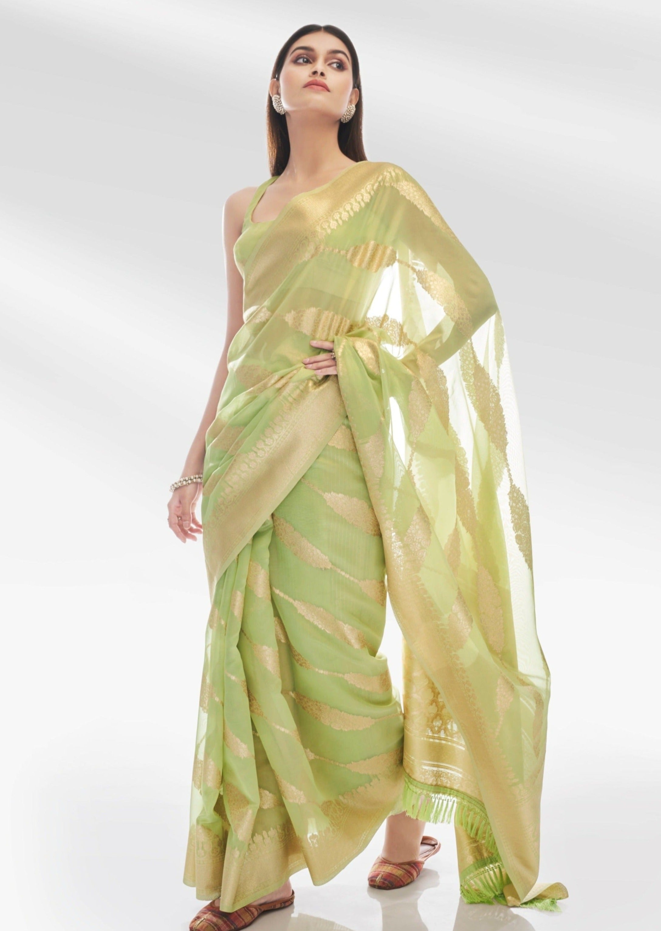 Pure Banarasi Organza Lime Green Saree – Sunasa