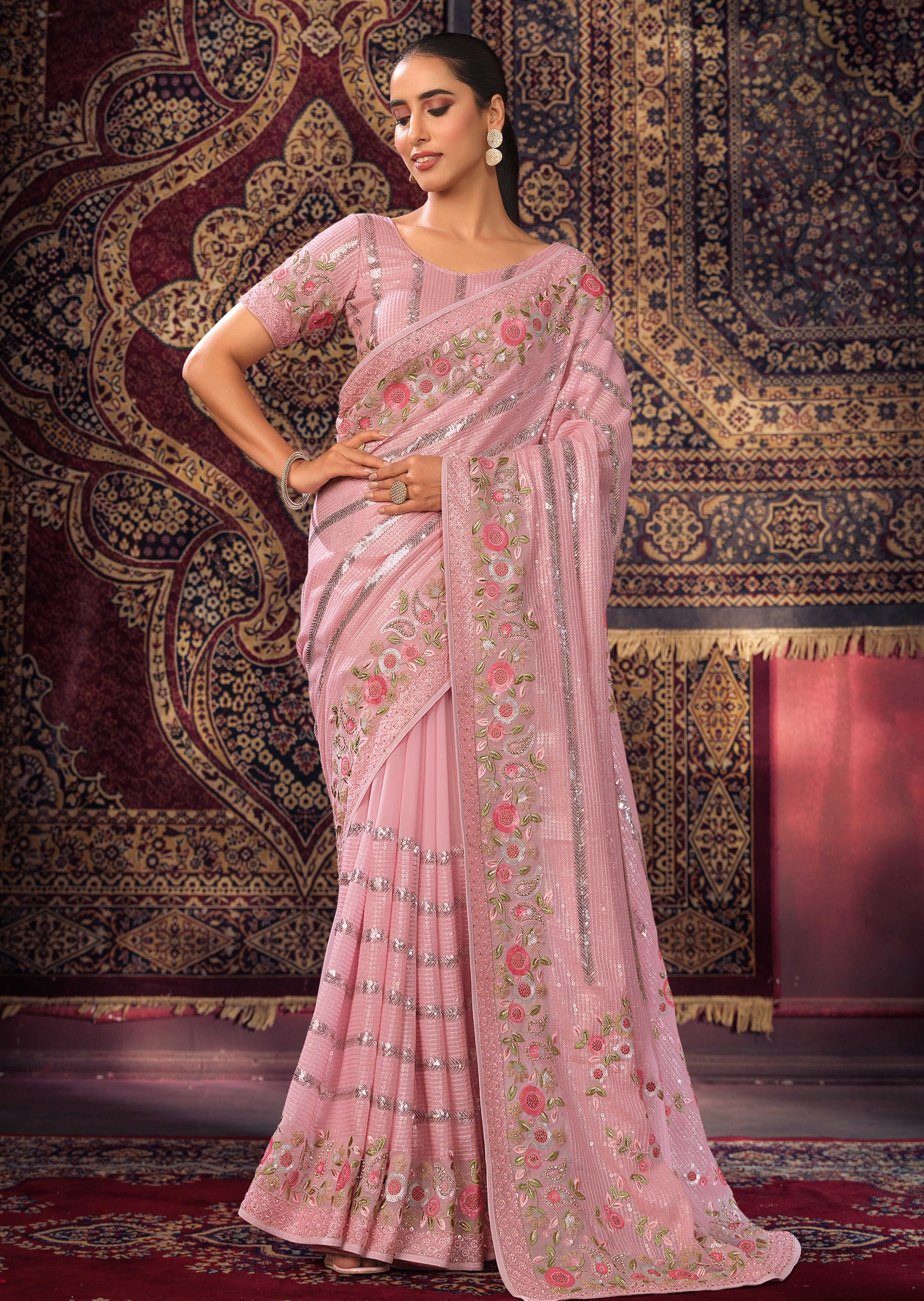 Shop Pure Georgette Blush Pink Saree Online India USA At Best Price ...
