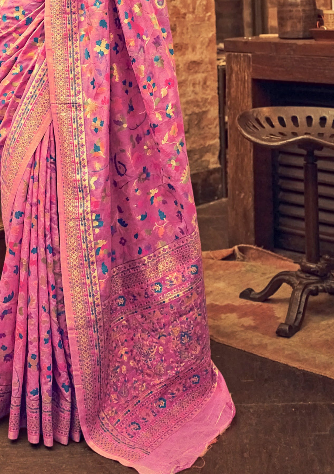 Shop Pure Original Kashmiri Jamawar Silk Pink Pashmina Saree Online ...