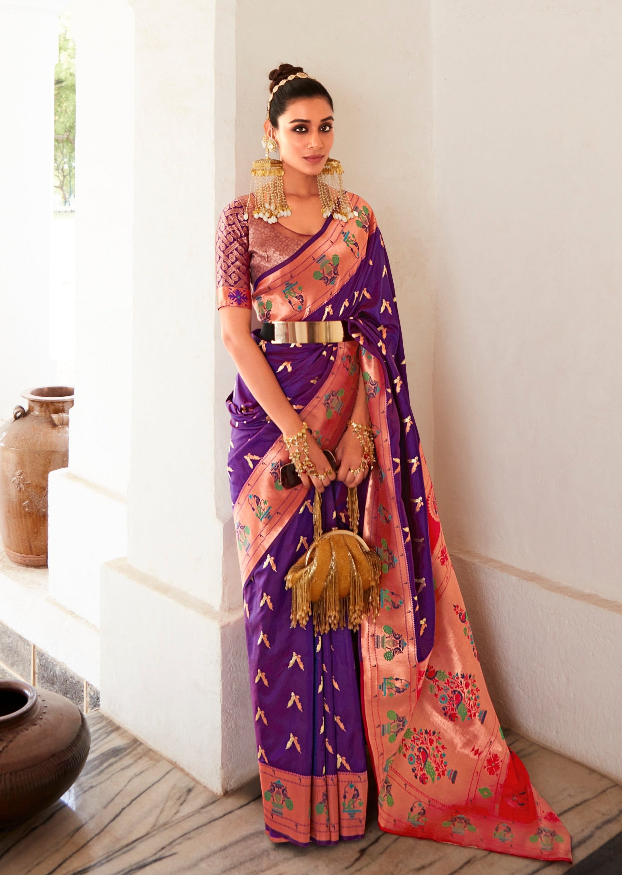 Pure Paithani Silk Violet Purple Bridal Saree Online Shopping USA – Sunasa