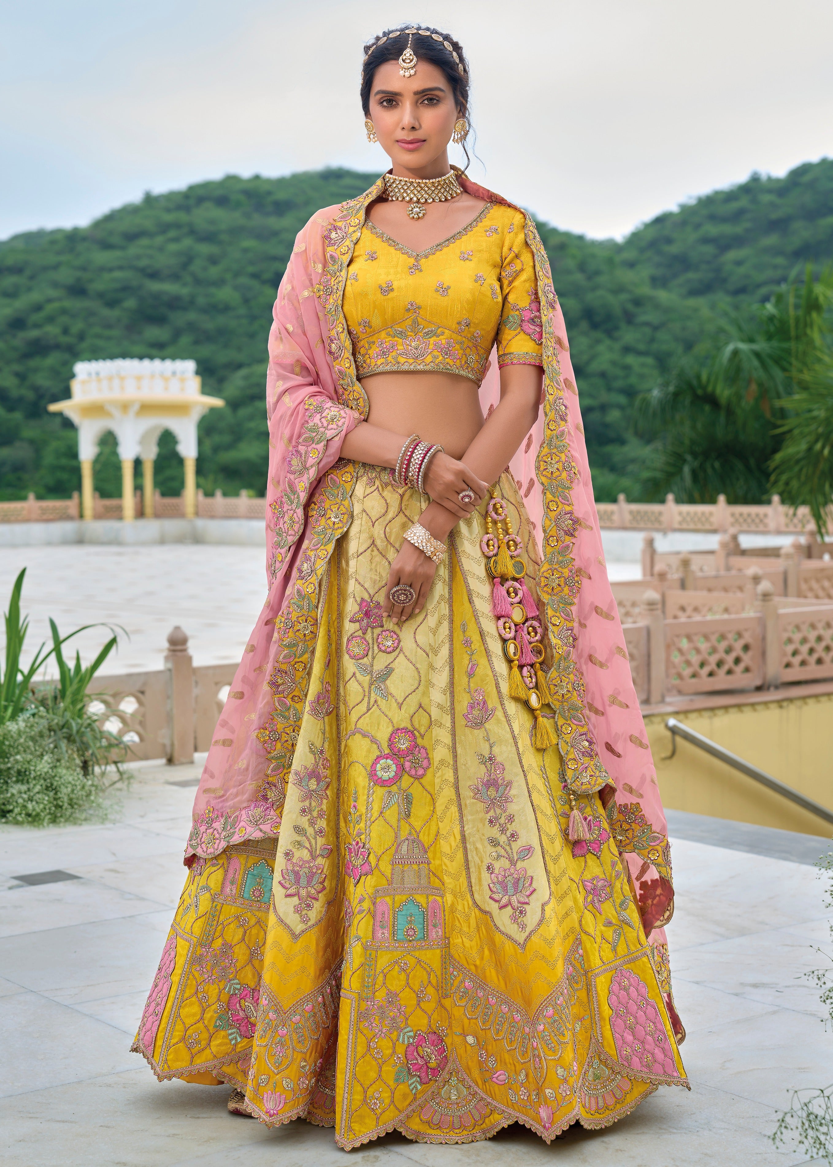 Shop Yellow Banarasi Silk Lehenga For Haldi Ceremony in USA Online – Sunasa