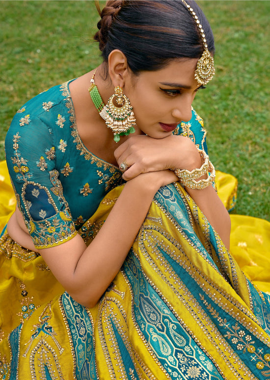 Yellow and Blue Combination Haldi Lehenga Choli Online India USA – Sunasa