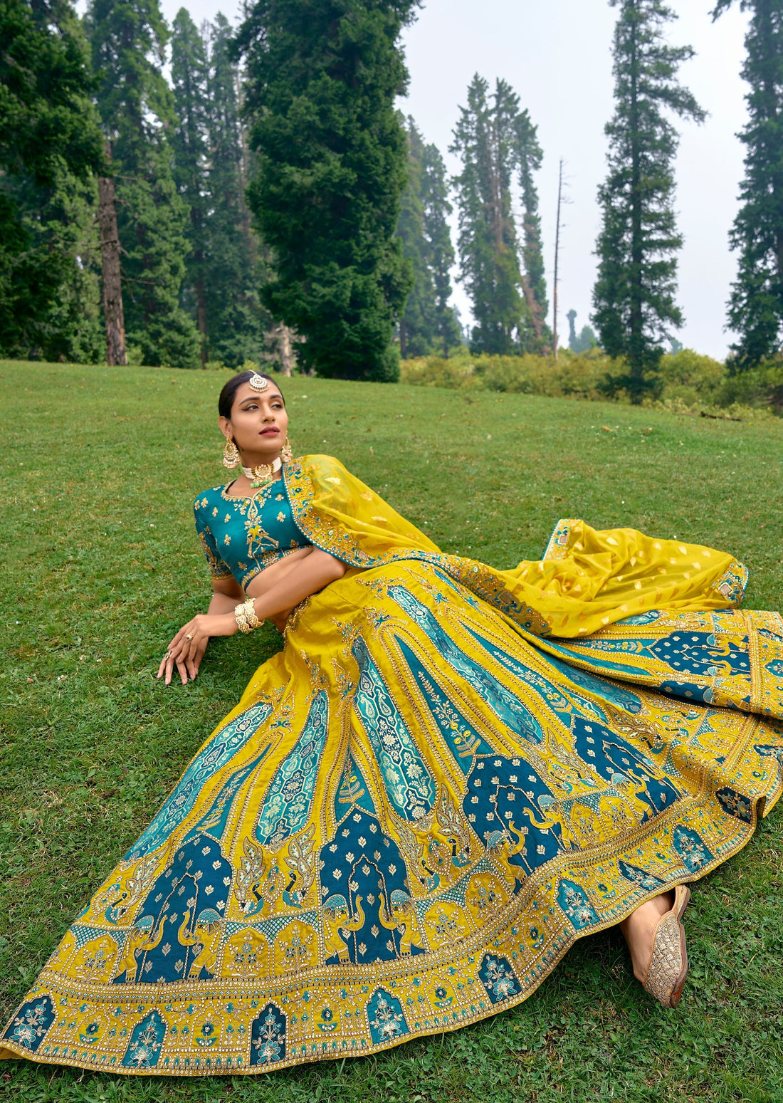 Yellow and Blue Combination Haldi Lehenga Choli Online India USA – Sunasa