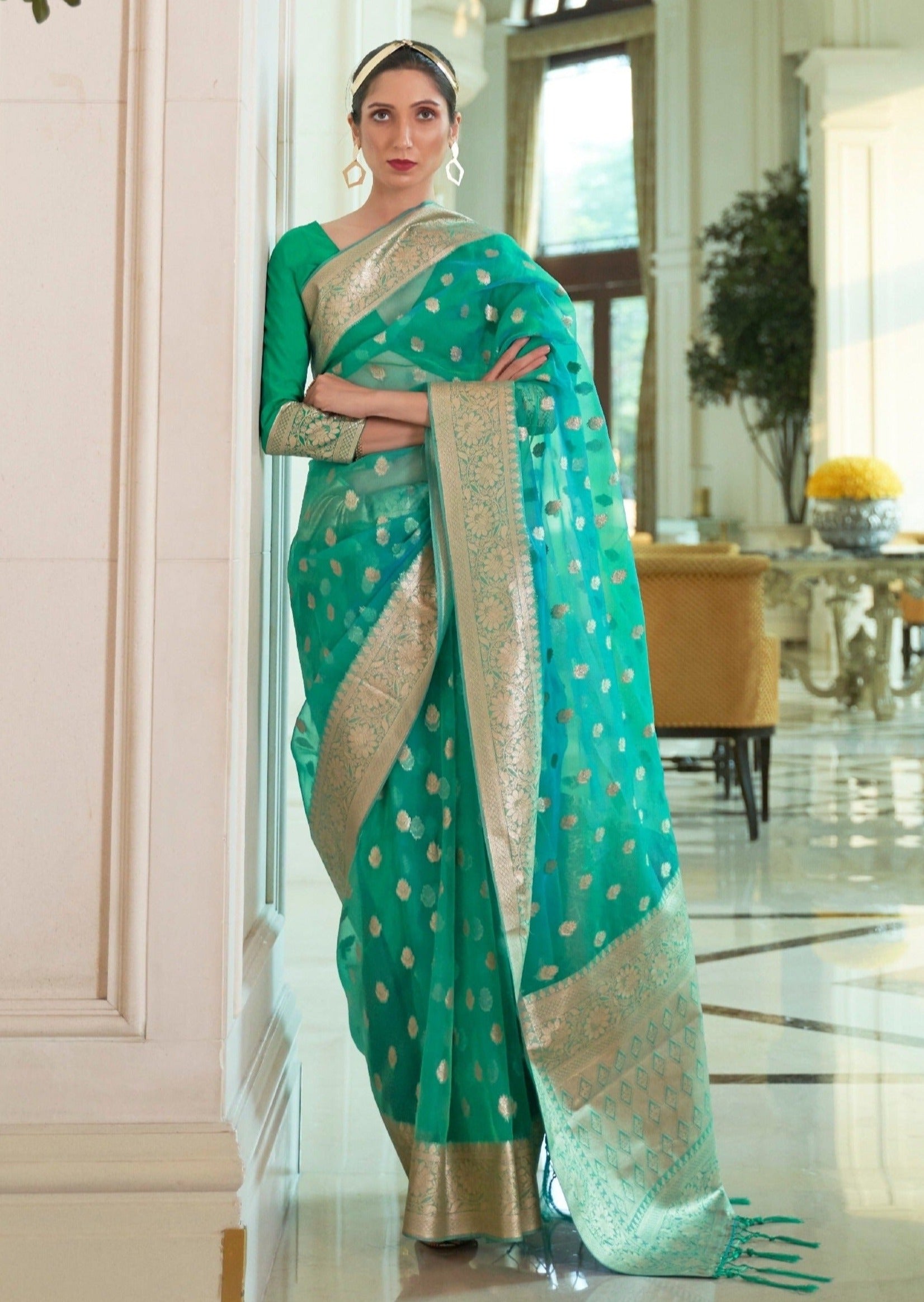Pure Handloom Organza Jade Green Saree Online – Sunasa