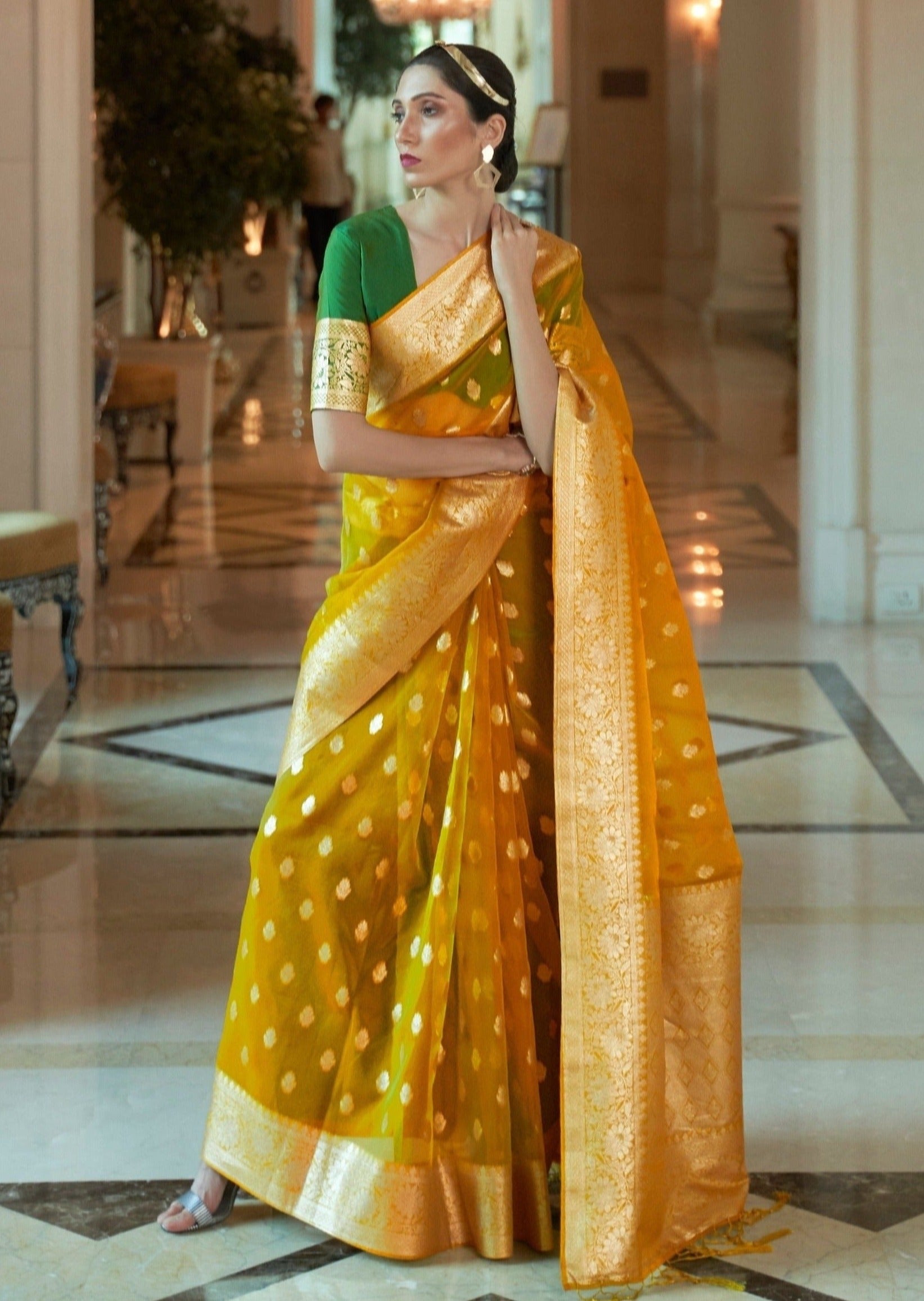 Buy Pure Handloom Organza Turmeric Yellow Saree Online India – Sunasa