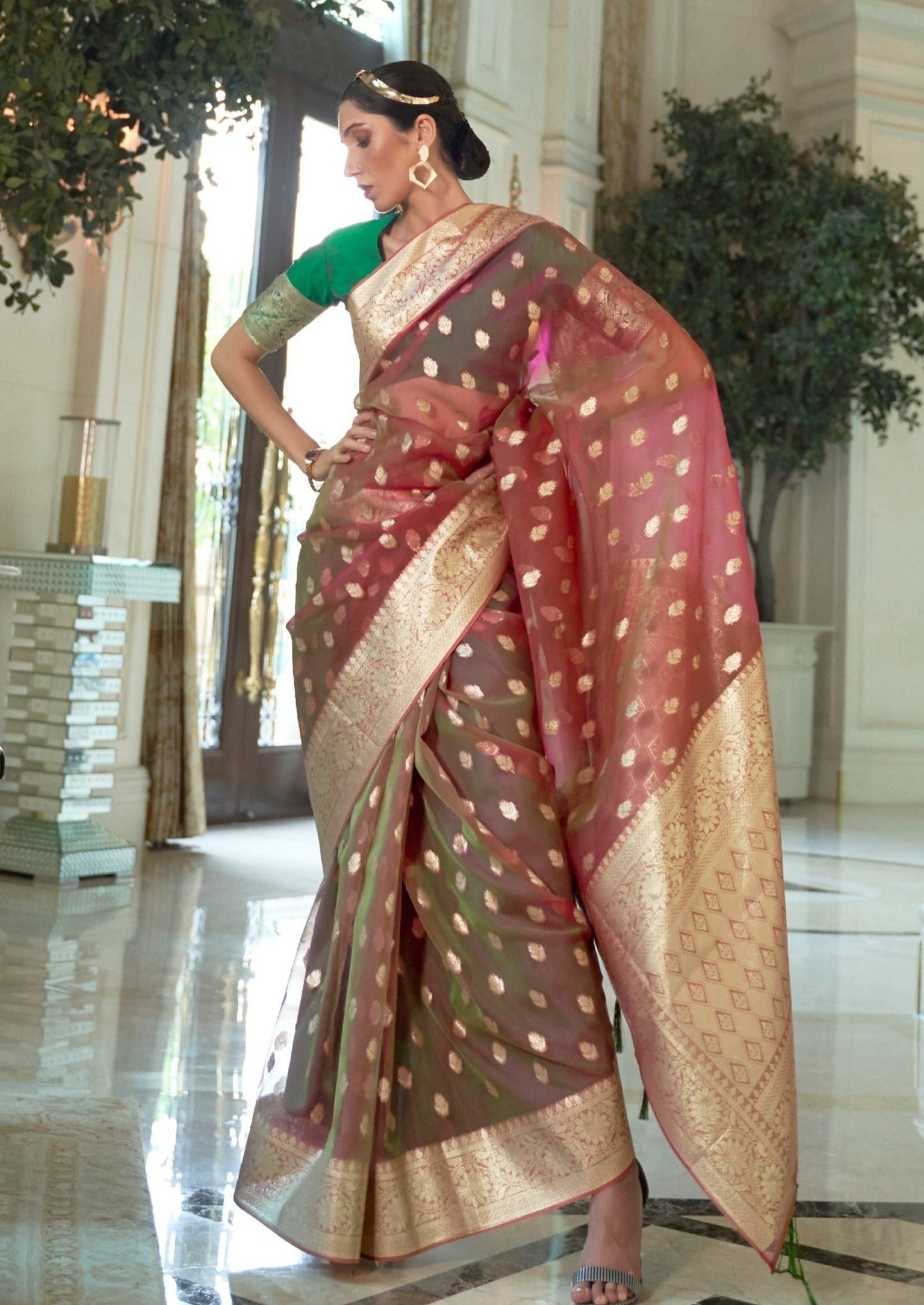 Buy Pure Handloom Banarasi Organza Rust Brown Saree Online – Sunasa