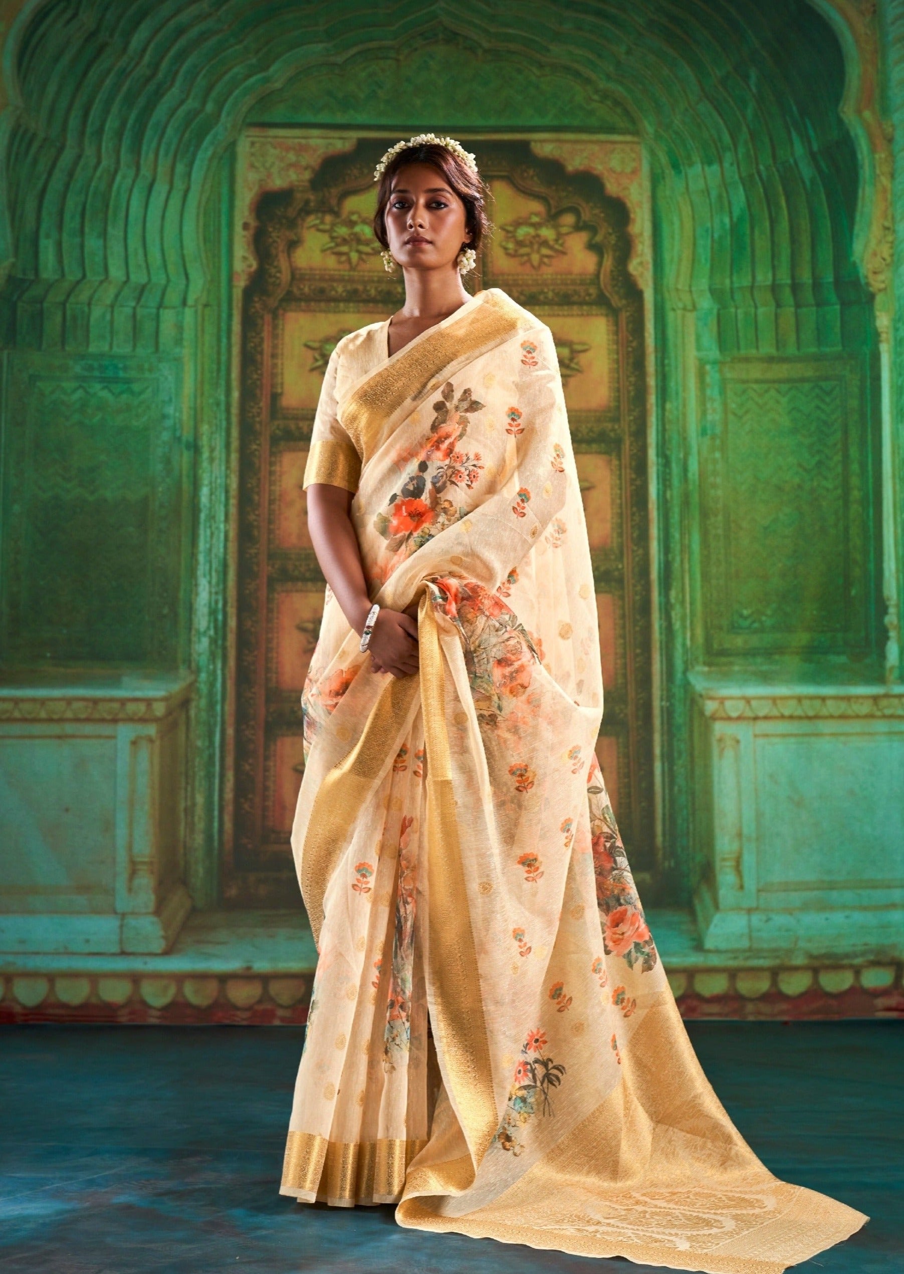 Pure Linen Digital Print Cream Saree – Sunasa