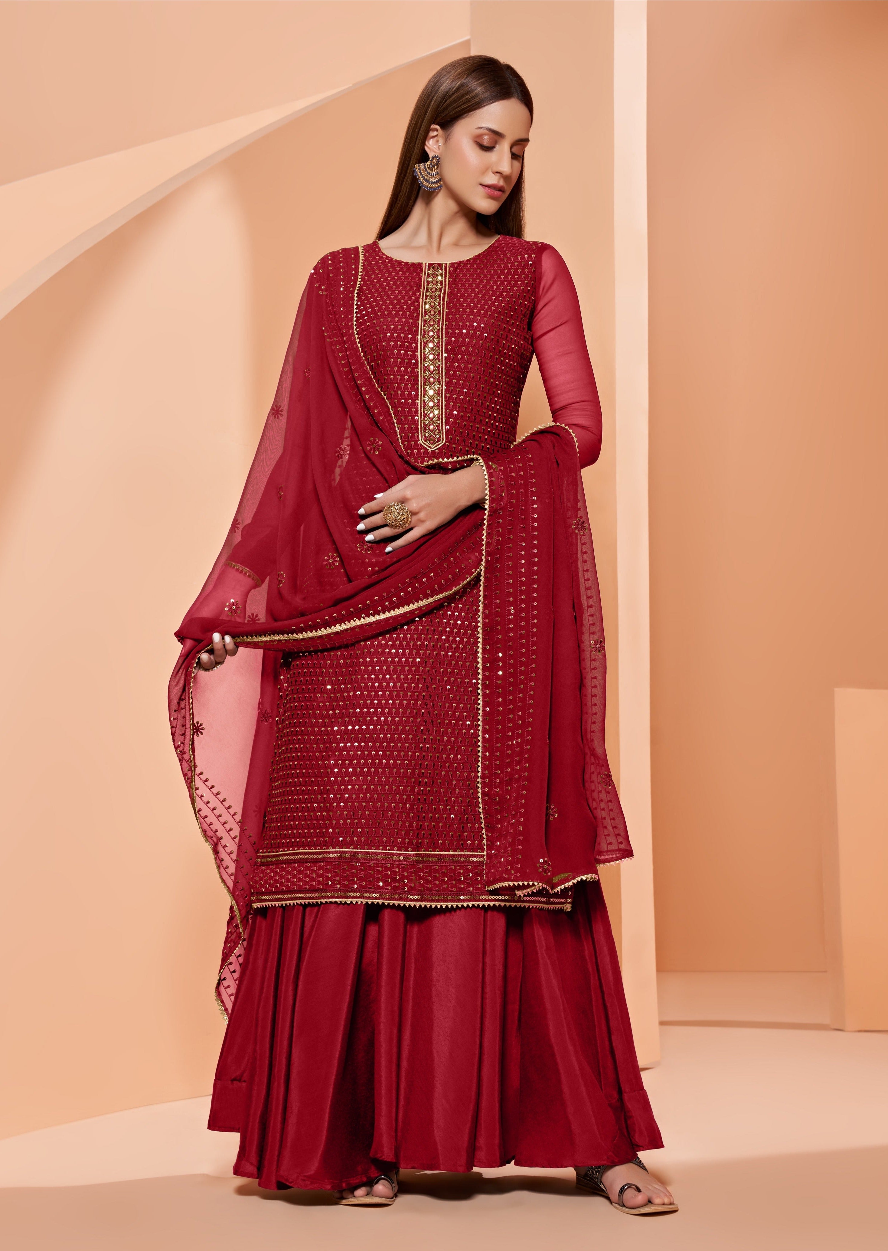 Semi-stitched Red Sharara Suit – Sunasa