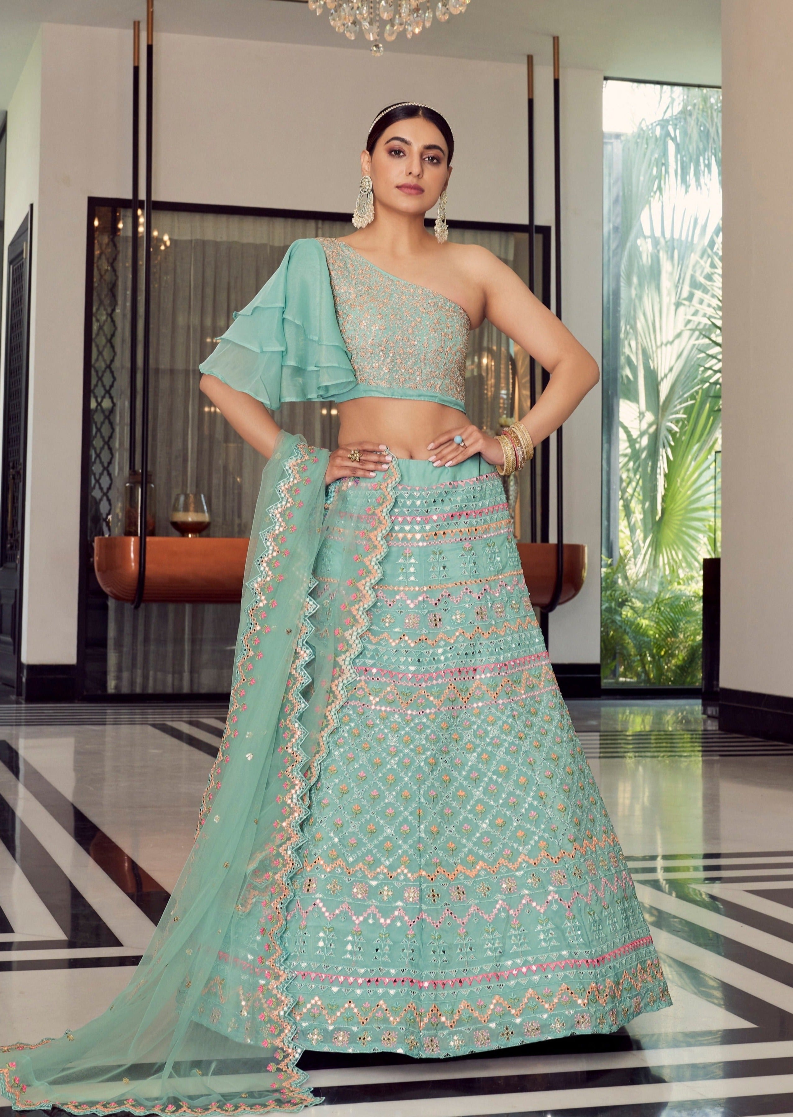 Bridesmaids Sky Blue Organza Lehenga Choli Online Shopping USA UK – Sunasa
