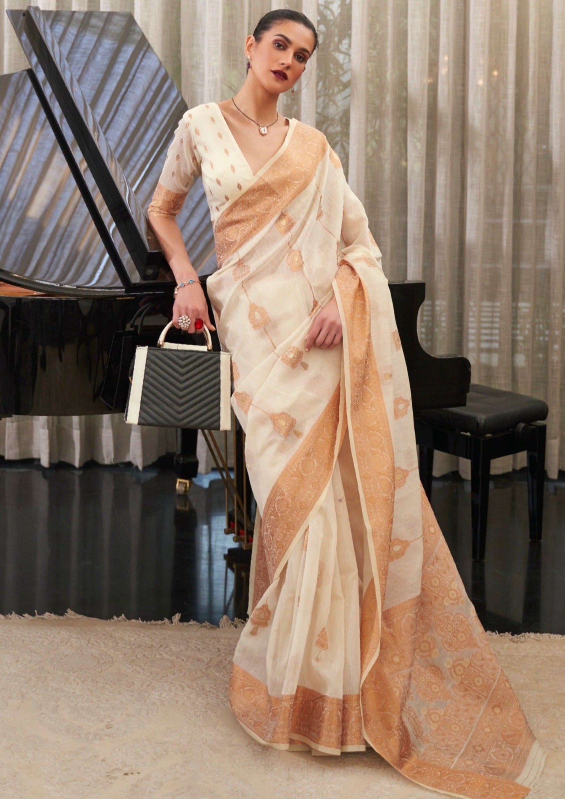 Pure Handloom Linen White Saree Online India USA UK UAE | Fast ️ – Sunasa