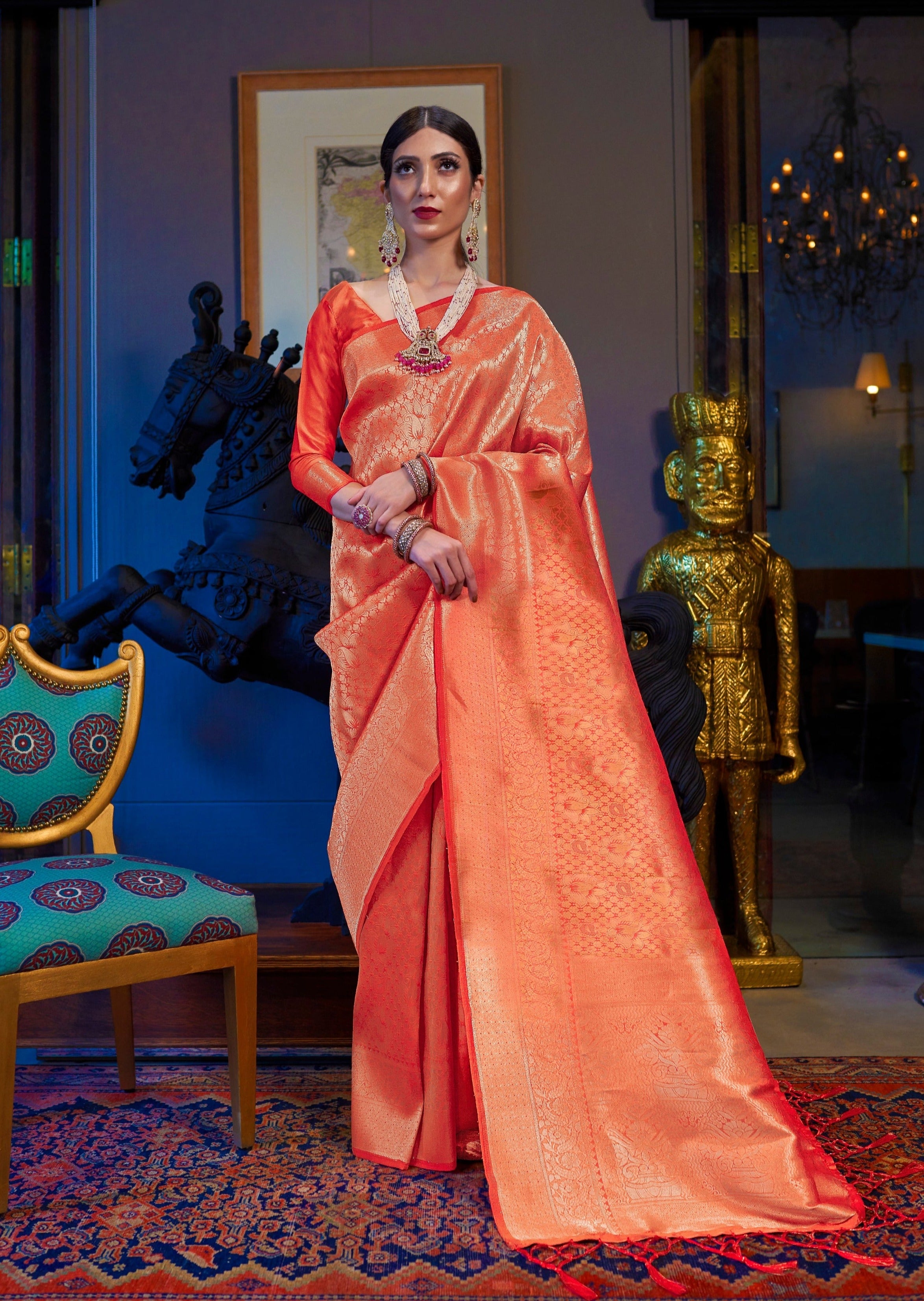 Pure Handloom Silk Orange Kanjivaram Saree USA Online Collection – Sunasa