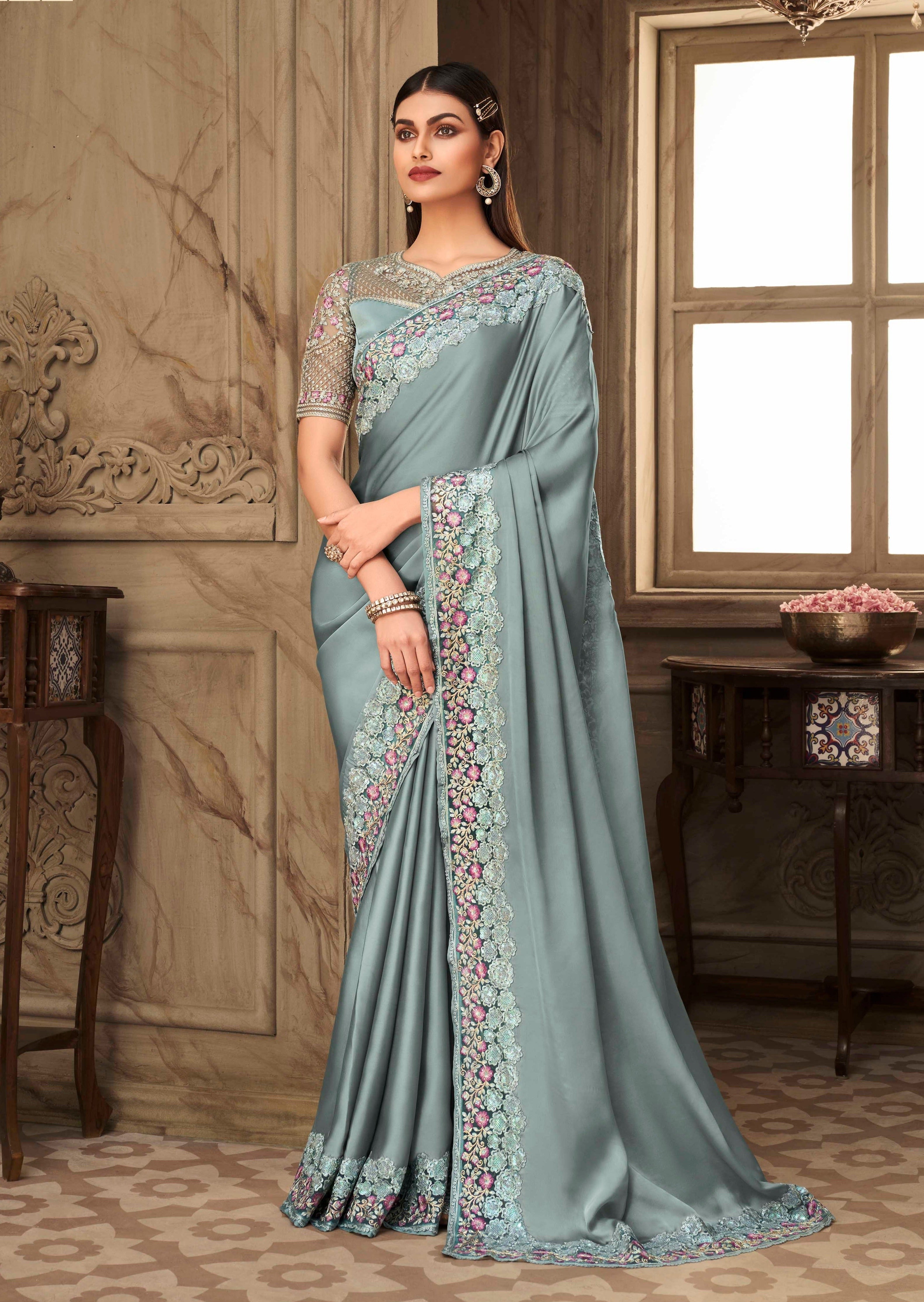 Satin Silk Silver Saree – Sunasa