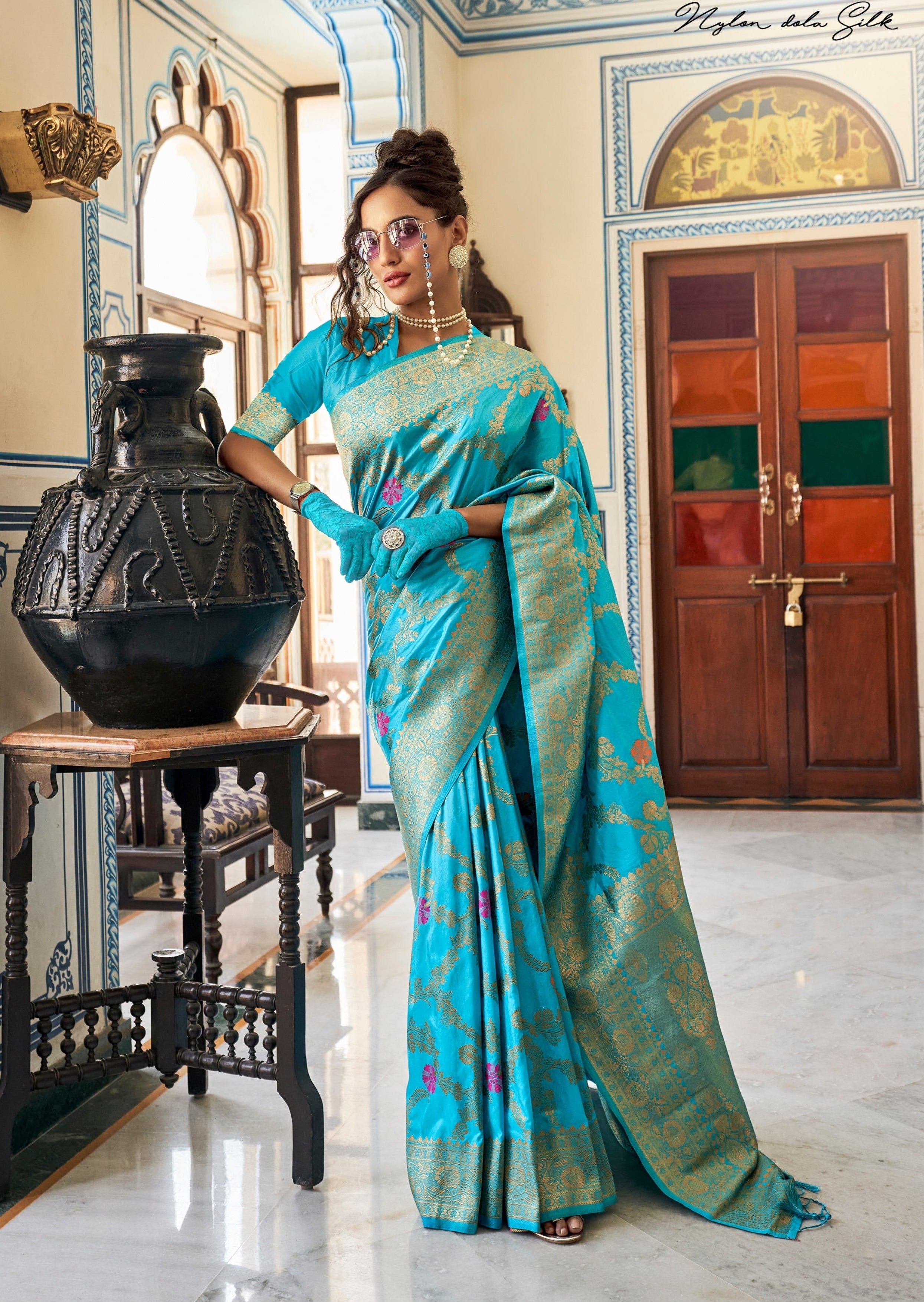 Dola Silk Turquoise Blue Saree – Sunasa