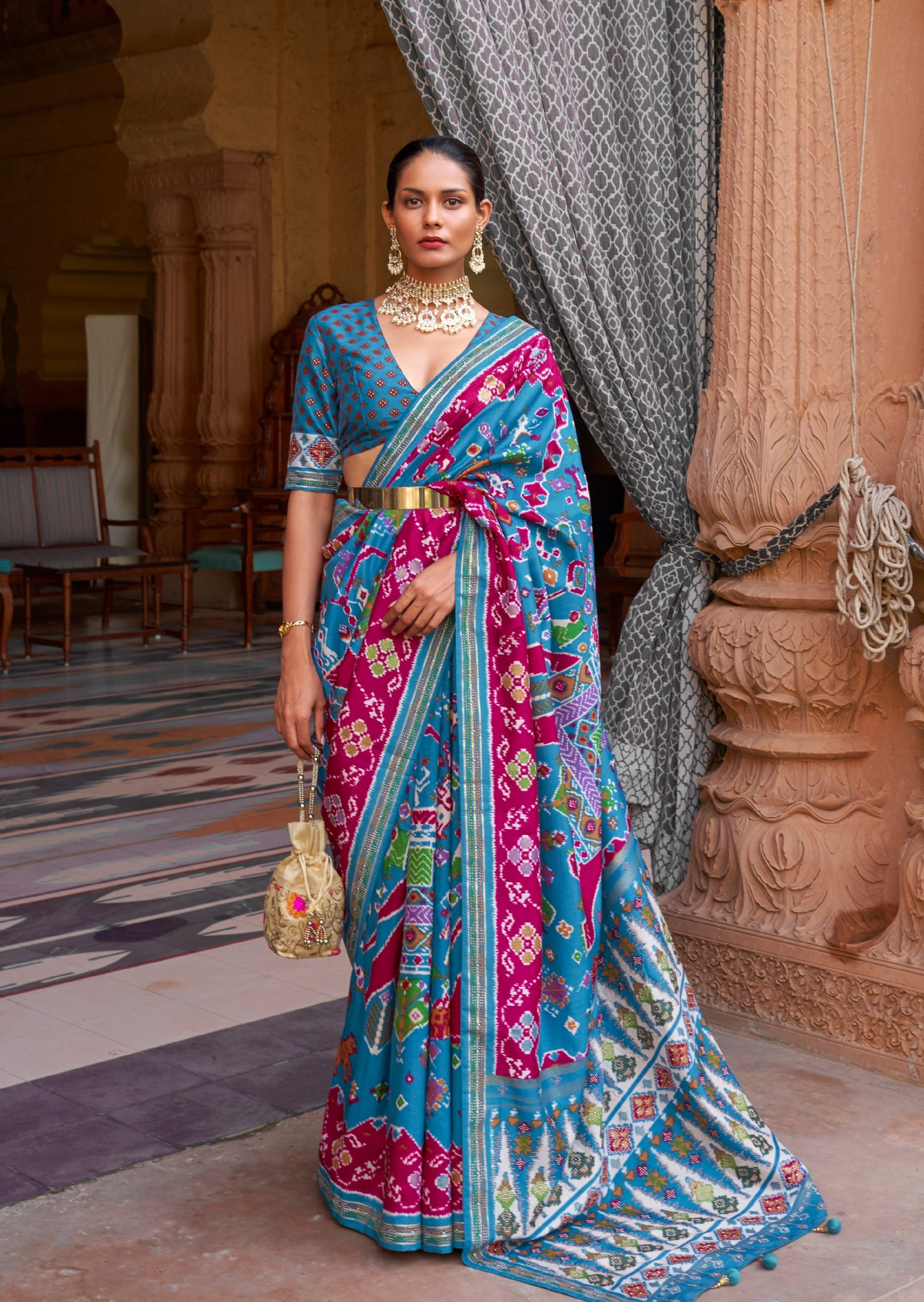 Patola Silk Cyan Blue Saree – Sunasa