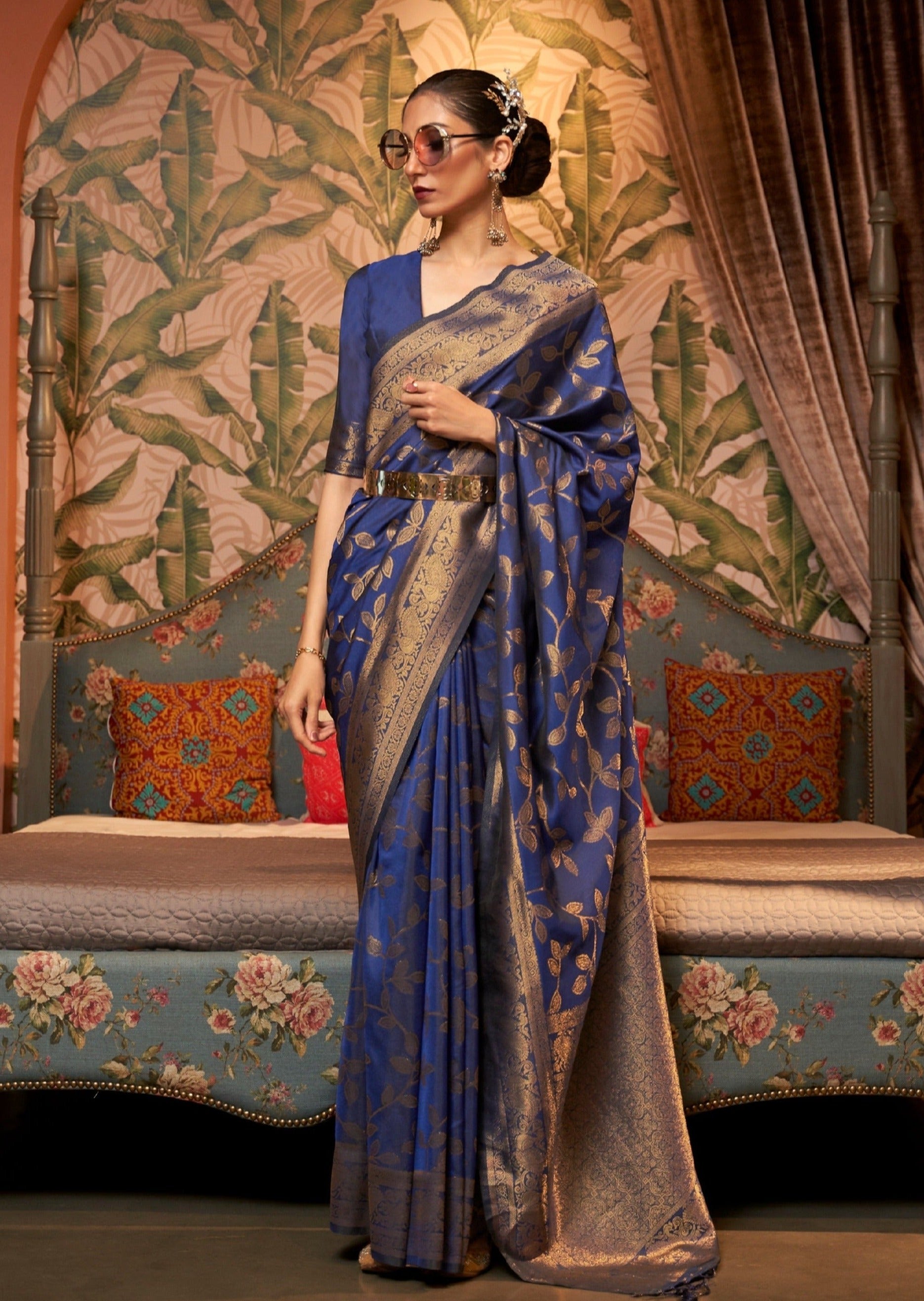 Shop Banarasi Silk Ink Blue Bridal Saree Online For Wedding USA UK – Sunasa