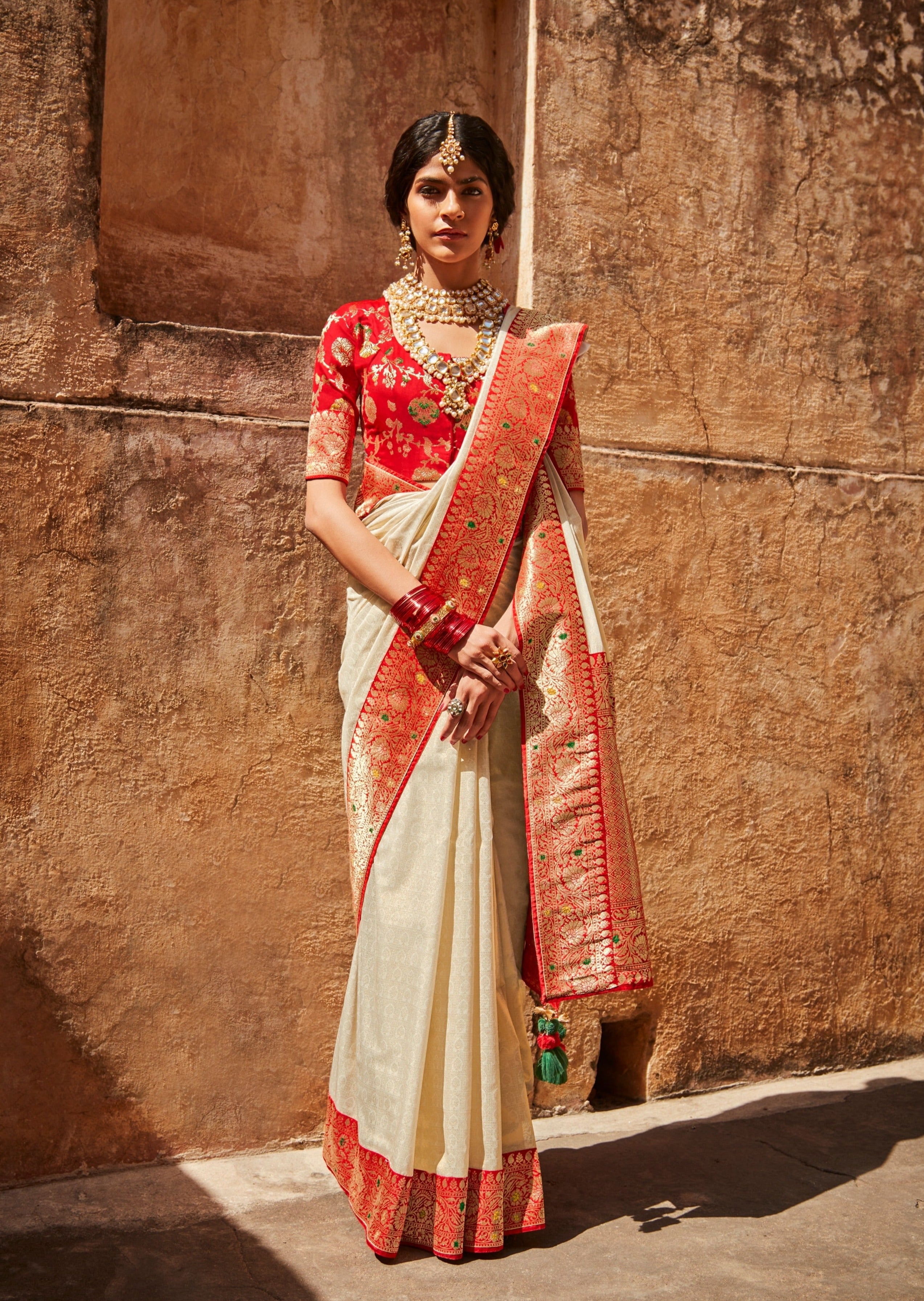 Handloom Banarasi Silk Red and White Saree – Sunasa