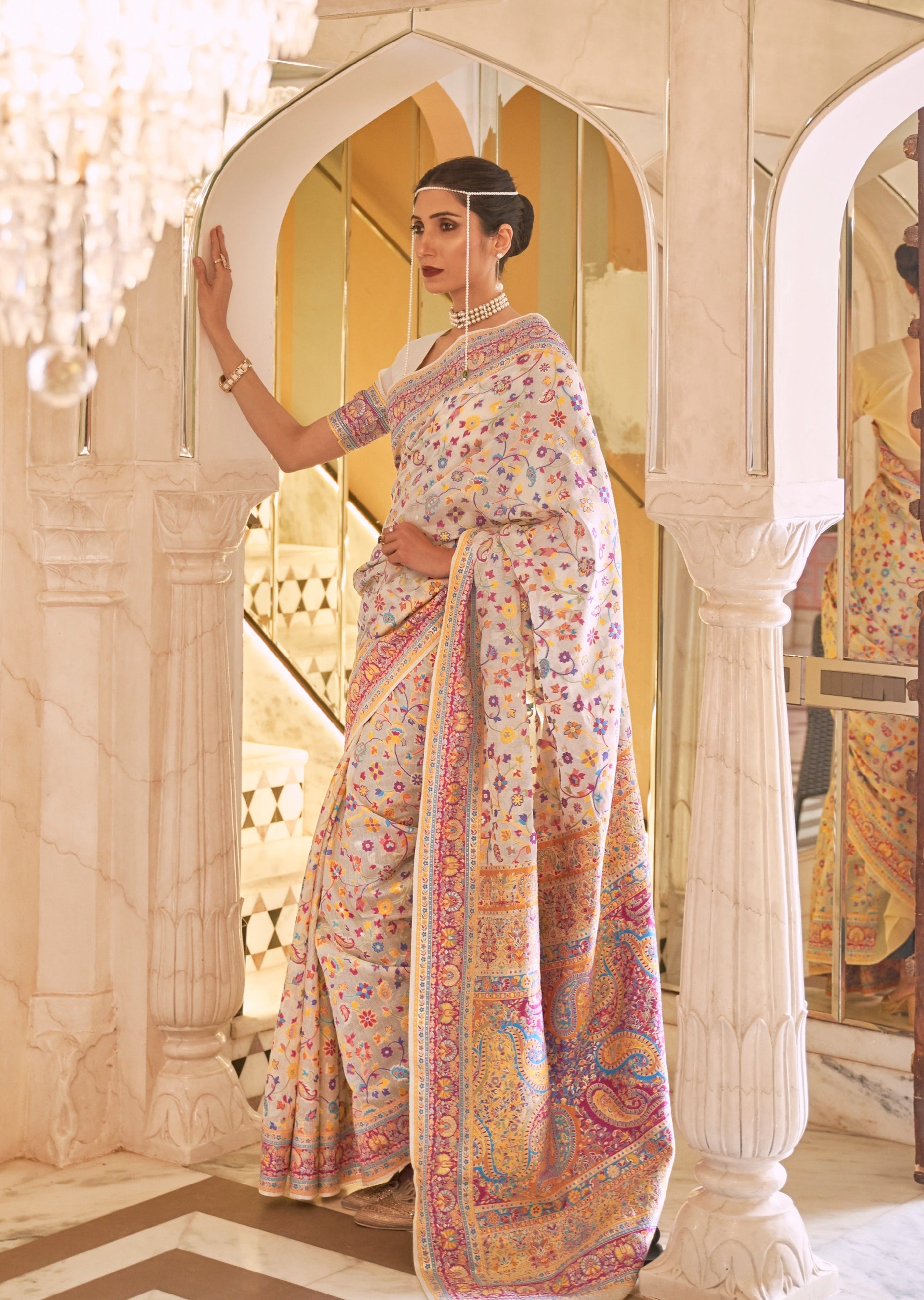 Kashmiri Jamawar Silk Off White Pashmina Saree – Sunasa