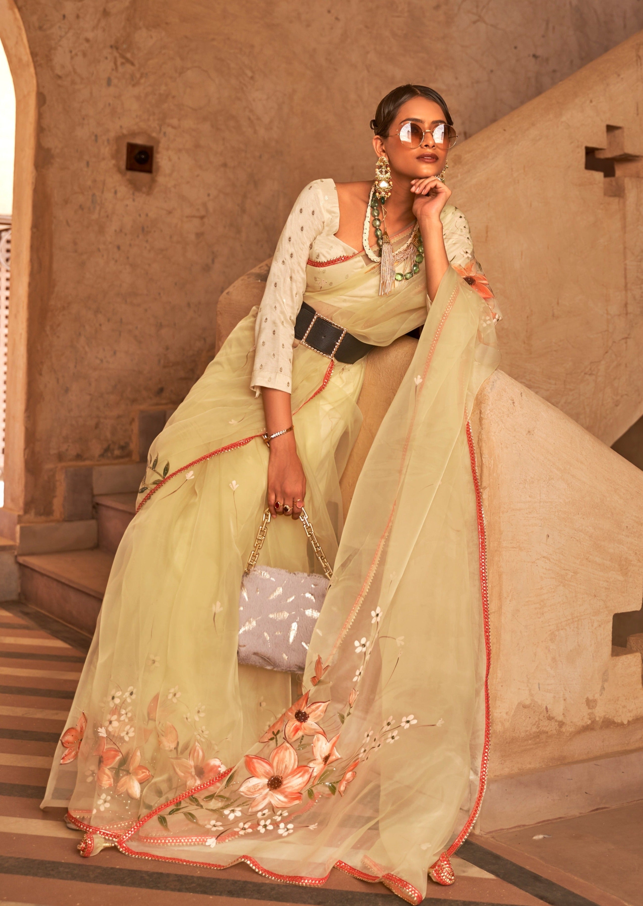 Floral Print Yellow Organza Saree with Stone Pasting – Sunasa