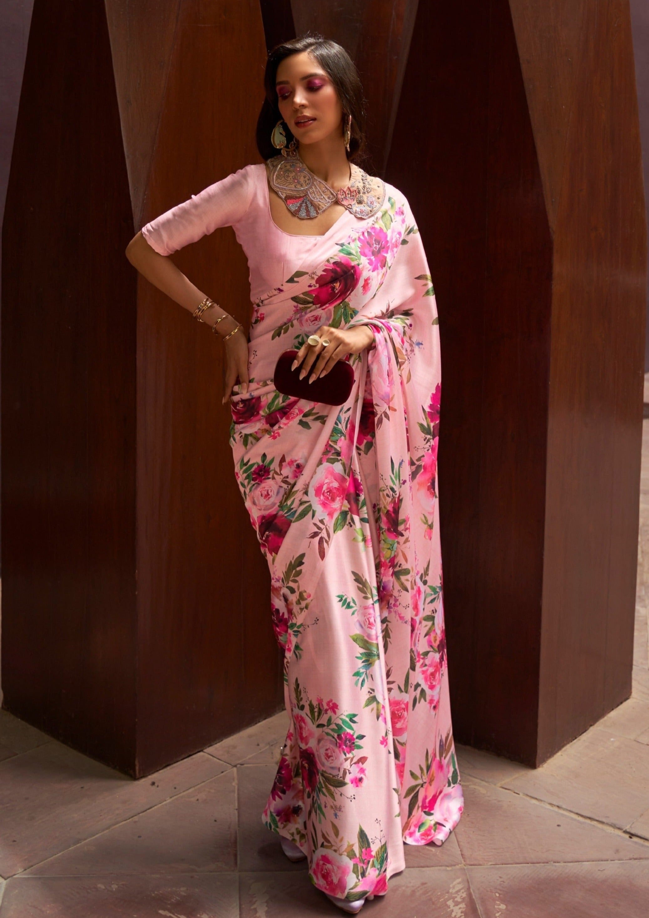 Digital Print Satin Silk Pastel Pink Saree Online Shopping Best Price ...