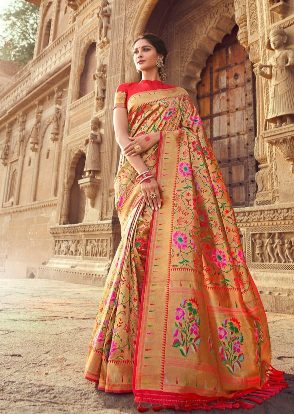 Buy Pure Paithani Silk Handloom Wedding Red Golden Saree Online India ...