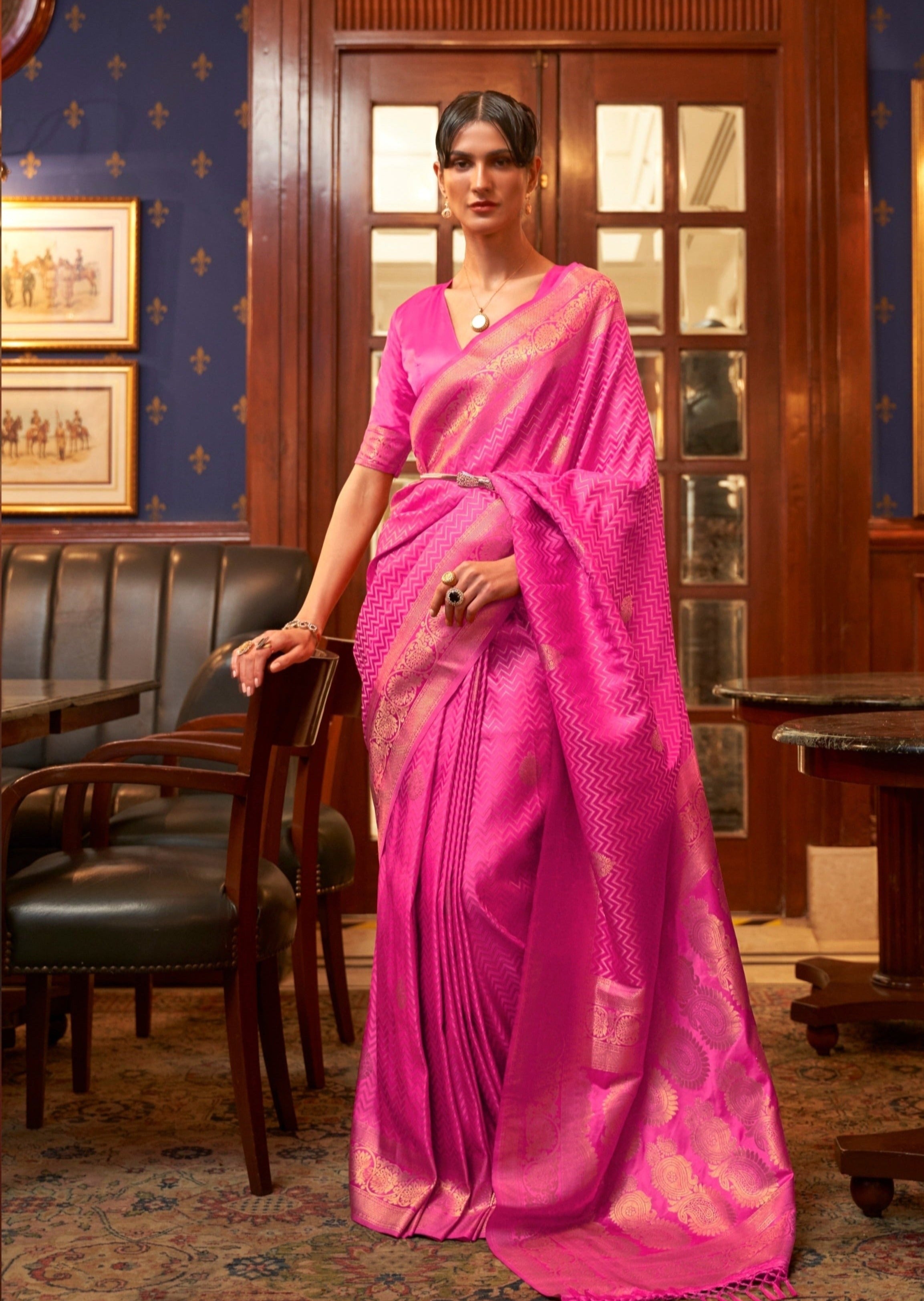 Pure Banarasi Satin Silk Rani Pink Handloom Saree New York USA Online ...
