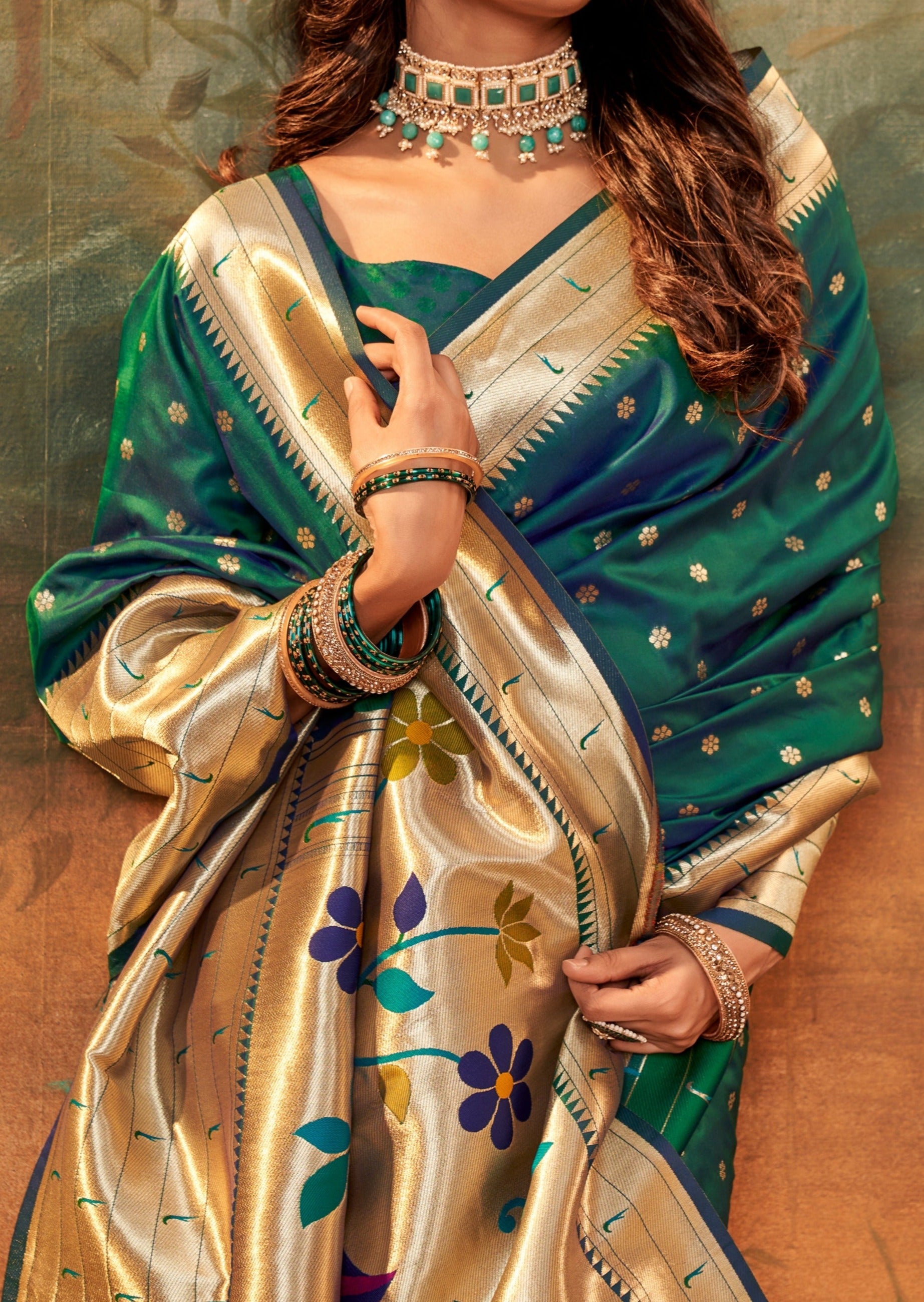 Green Paithani Silk Handwoven Bridal Saree with Gold Zari Weaving – Sunasa