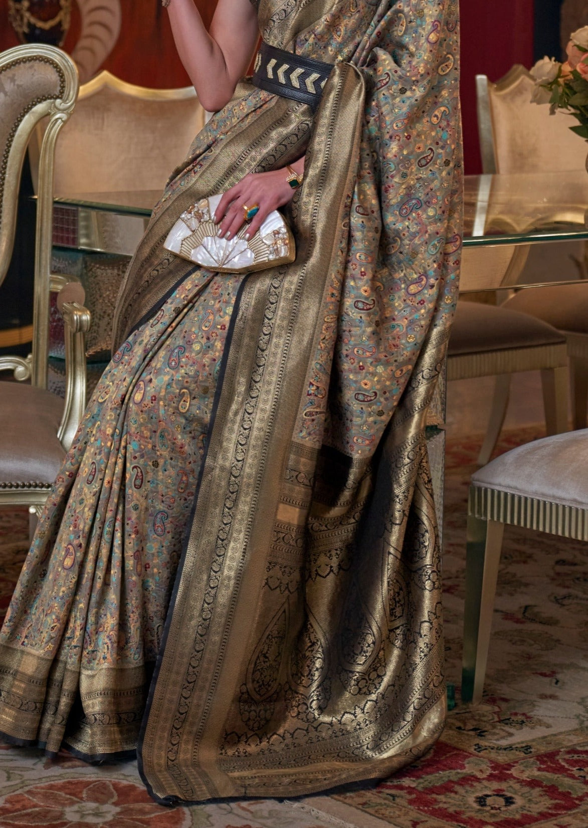 Kashmiri Jamawar Banarasi Pashmina Grey Saree Online Shopping India ...