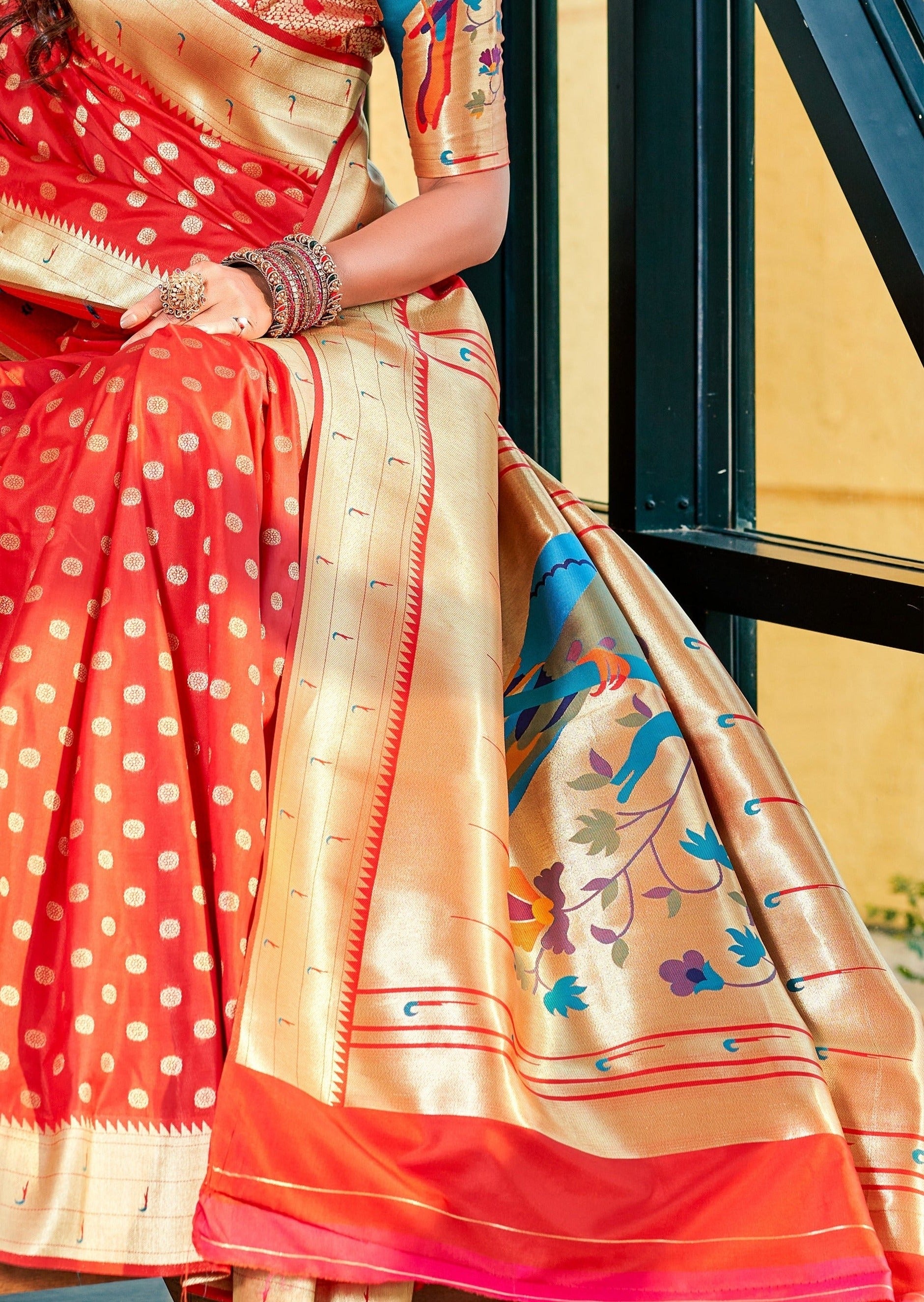 Pure Paithani Silk Tart Red Saree Online | Red Paithani Bridal Saree ...